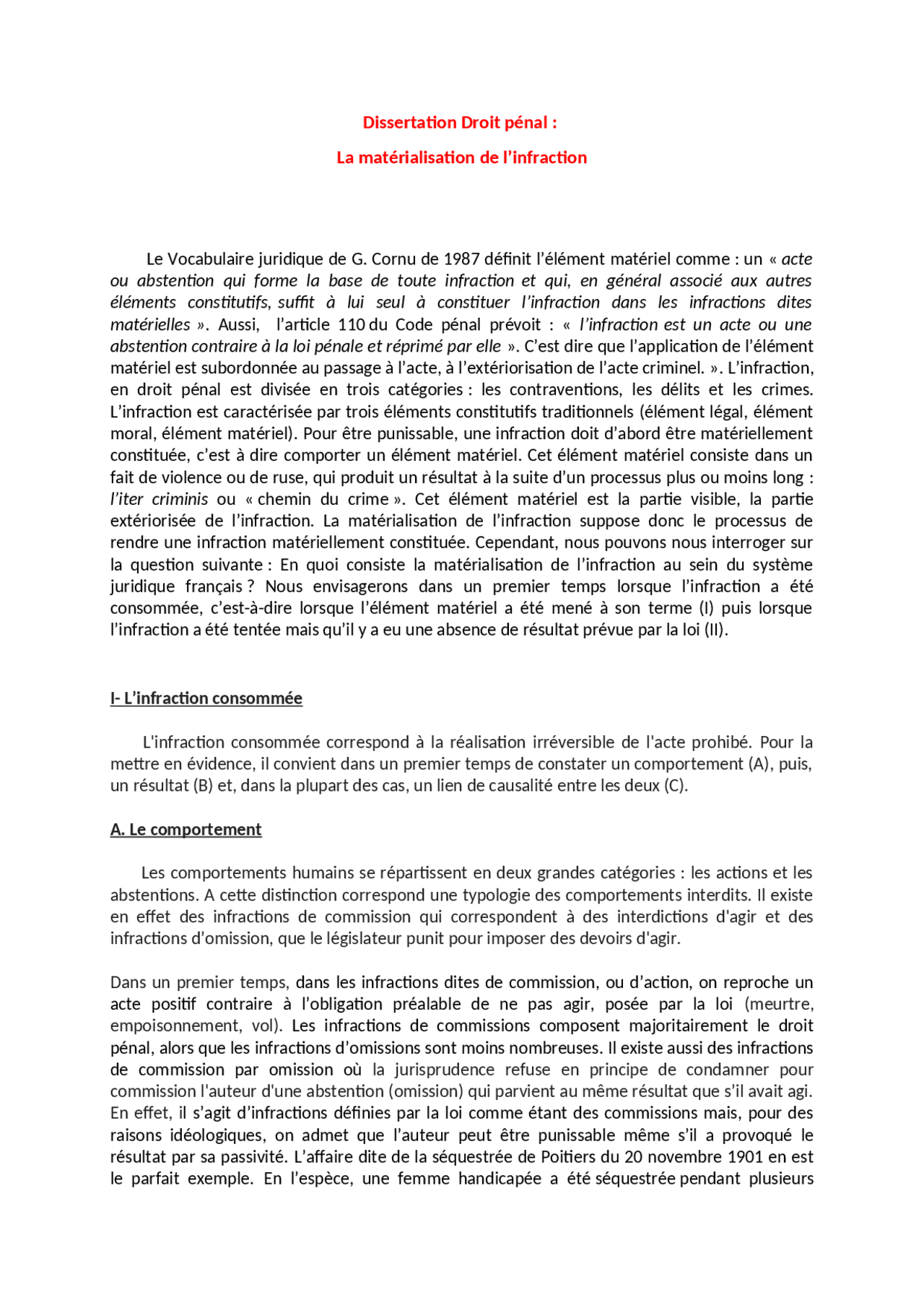 Dissertation Droit Pénal Matérialisation De Linfraction Exercices