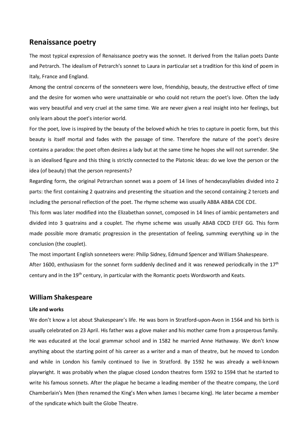 Renaissance poetry: Shakespeare's sonnets | Dispense di Inglese | Docsity