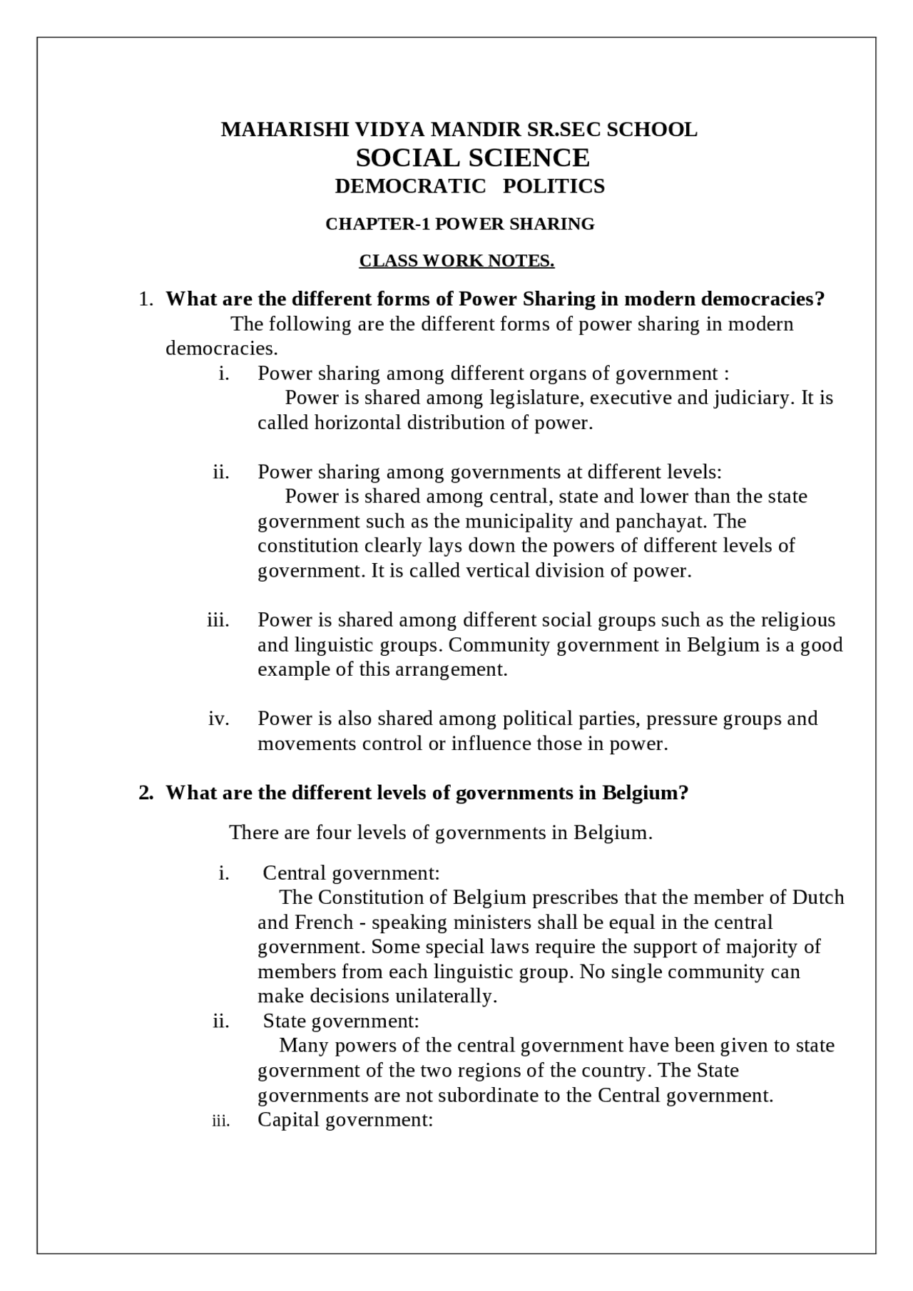CBSE CLASS X DEMOCRATIC POLITICS POWER SHARING CLASS WORK NOTES ...