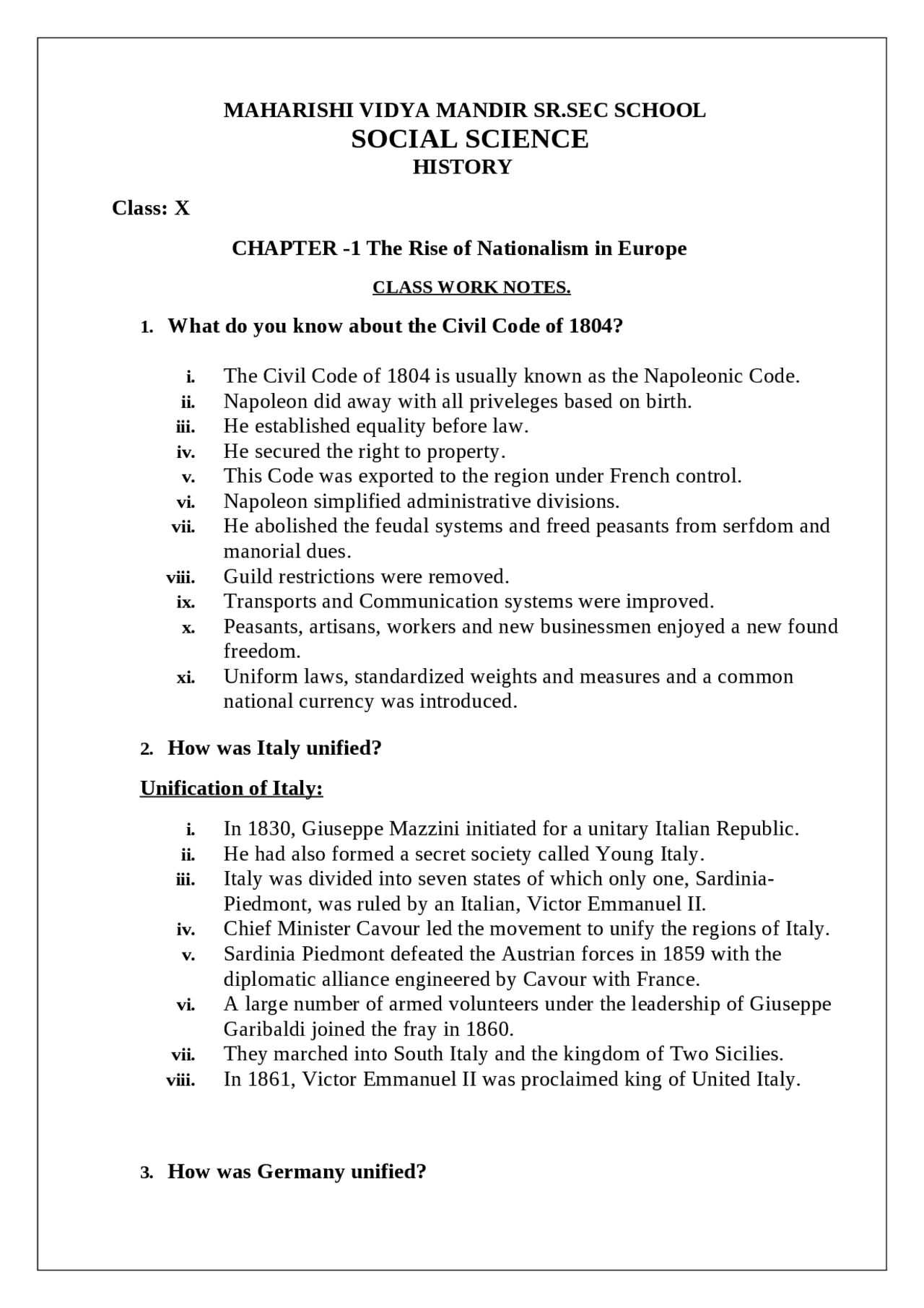 CBSE CLASS X HISTORY CLASS WORK NOTES CH 1 RISE OF NATIONALISM IN ...