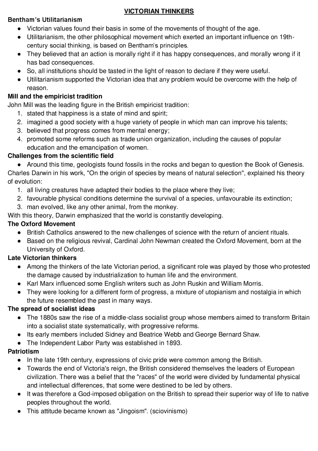 Victorian Thinkers (Sintesi) | Sintesi del corso di Inglese | Docsity