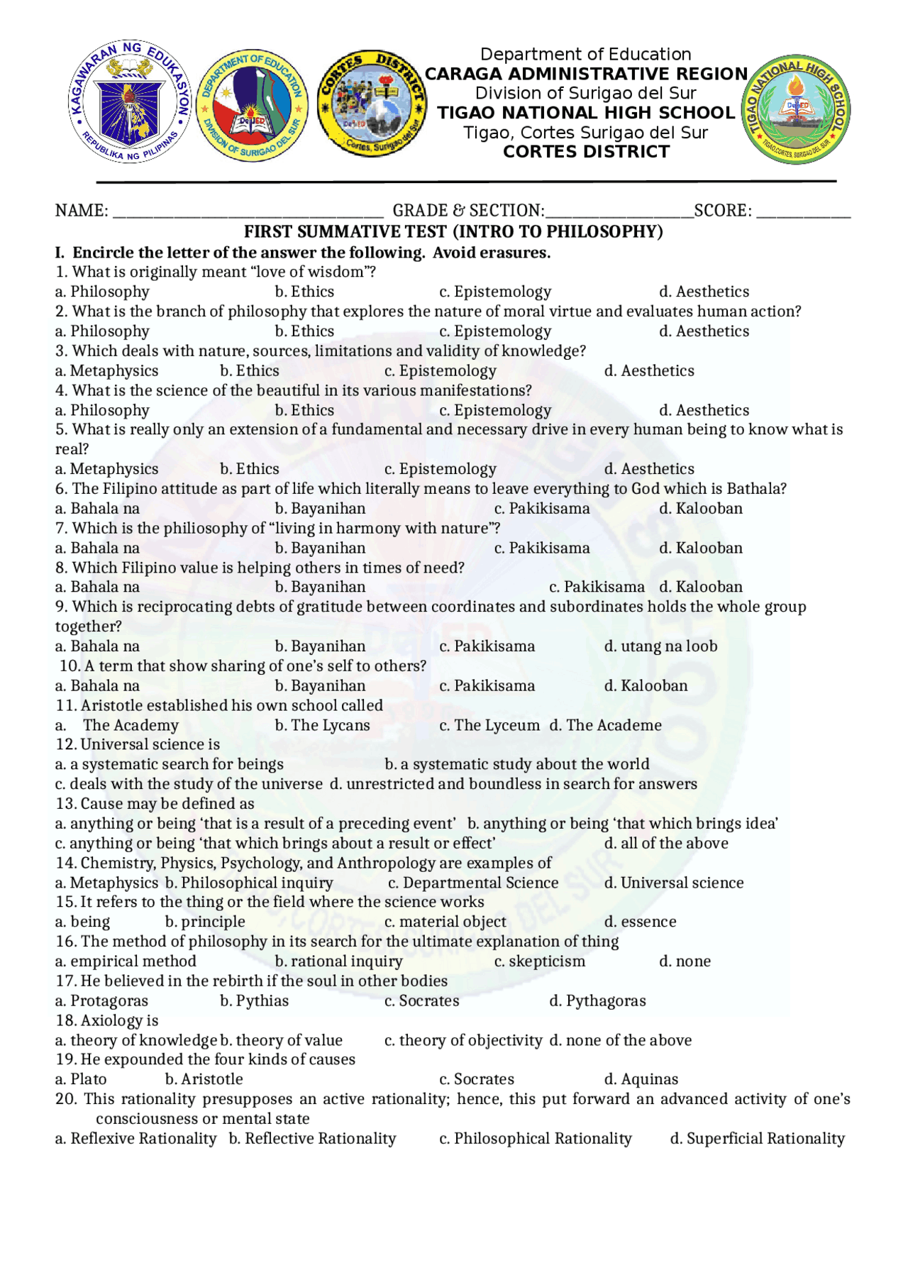 Summative Examiniation Exams Philosophy Docsity