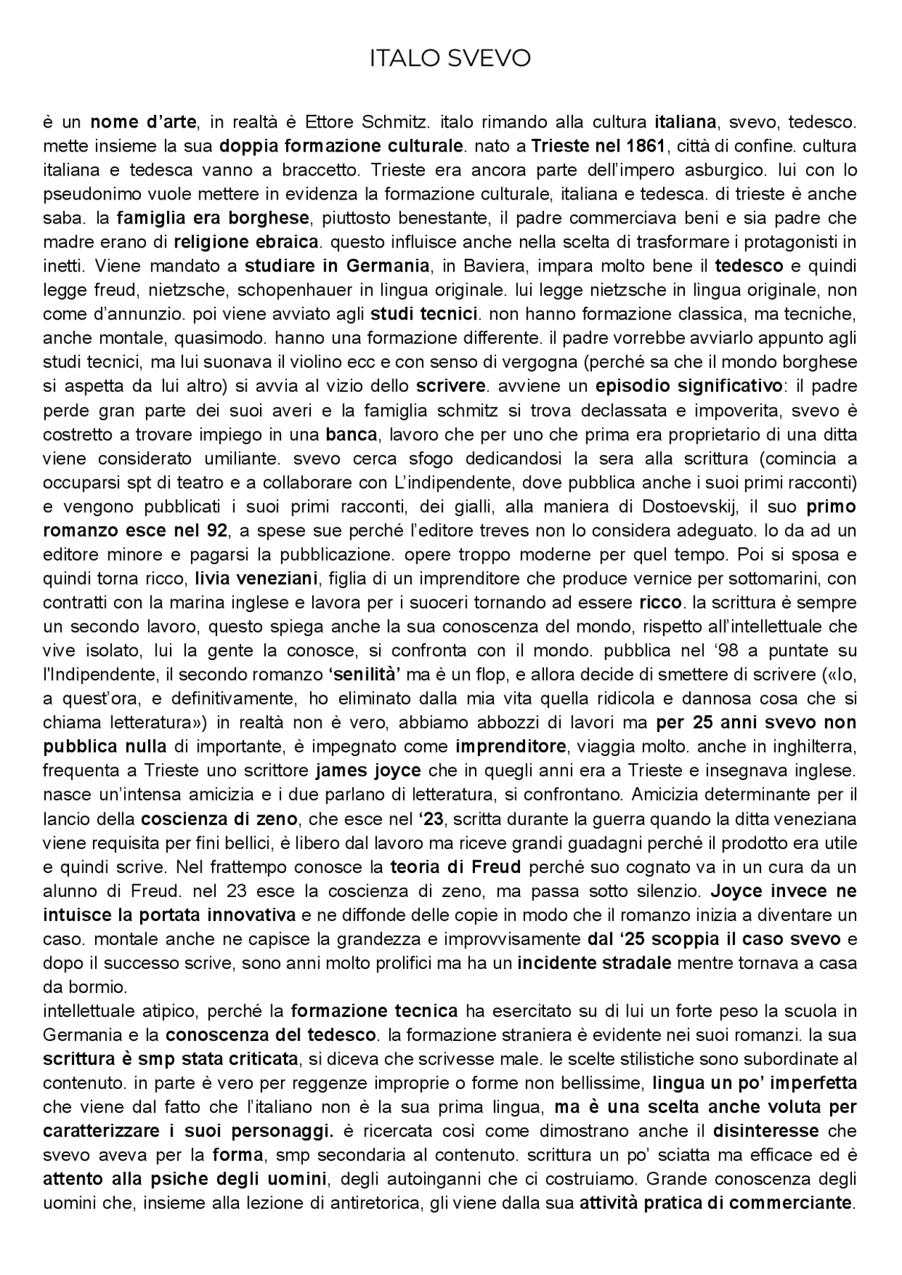 Italo Svevo, vita, opere e poetica. | Appunti di Italiano | Docsity