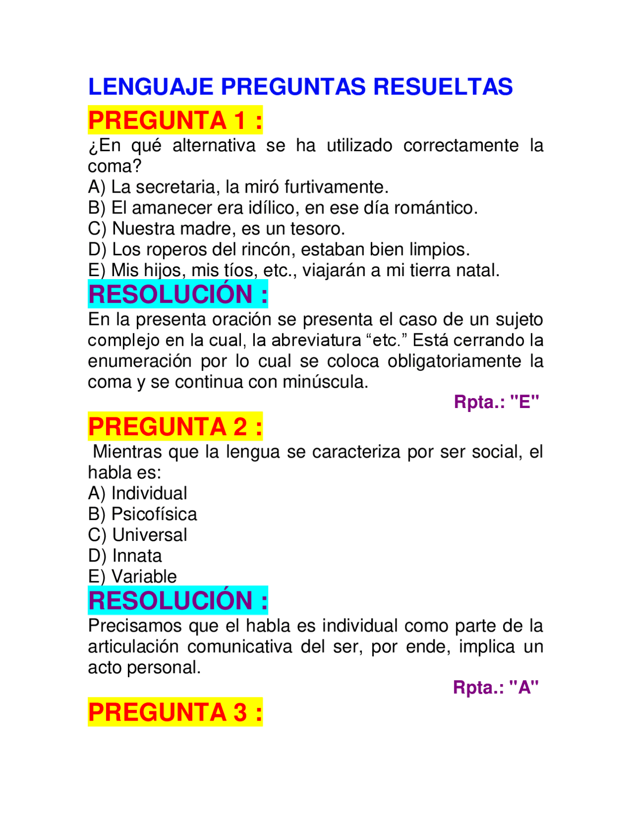 Lenguaje preguntas resueltas para el examen de admision | Apuntes de ...