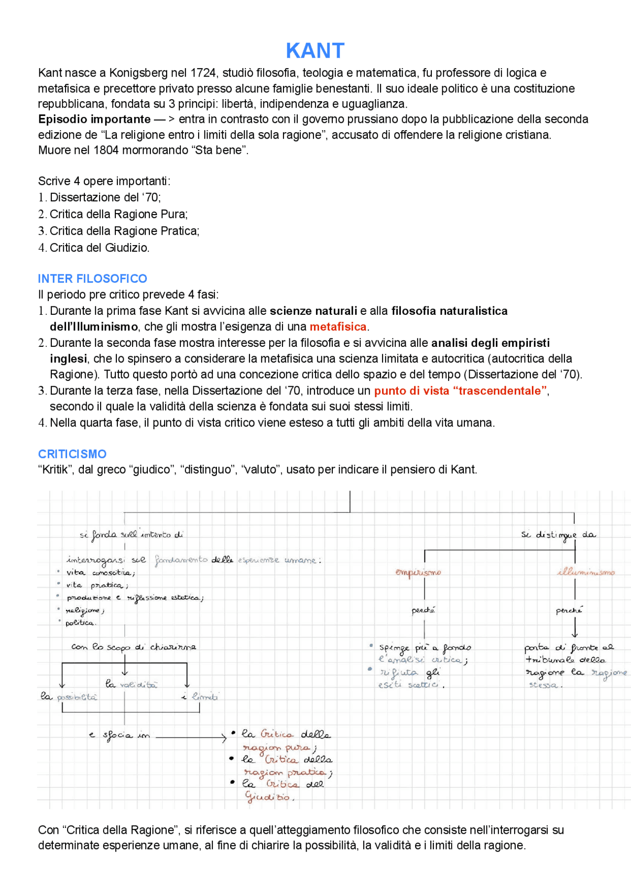 IMMANUEL KANT (riassunto) | Schemi e mappe concettuali di Filosofia ...