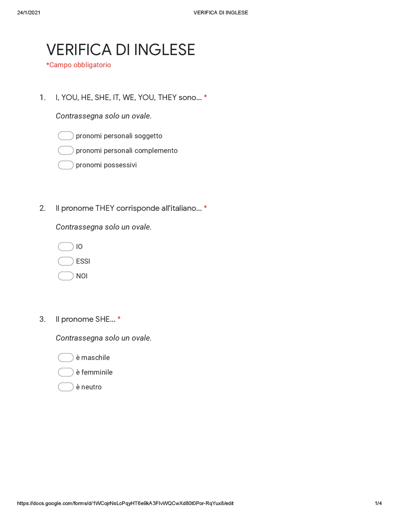 Verifica d'inglese (pronomi, verbo be, alfabeto, articoli, ecc ...