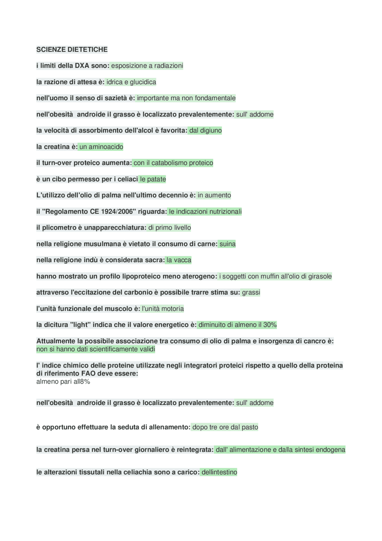 Scienze Dietetiche Applicate Prove Desame Di Dietetica Docsity