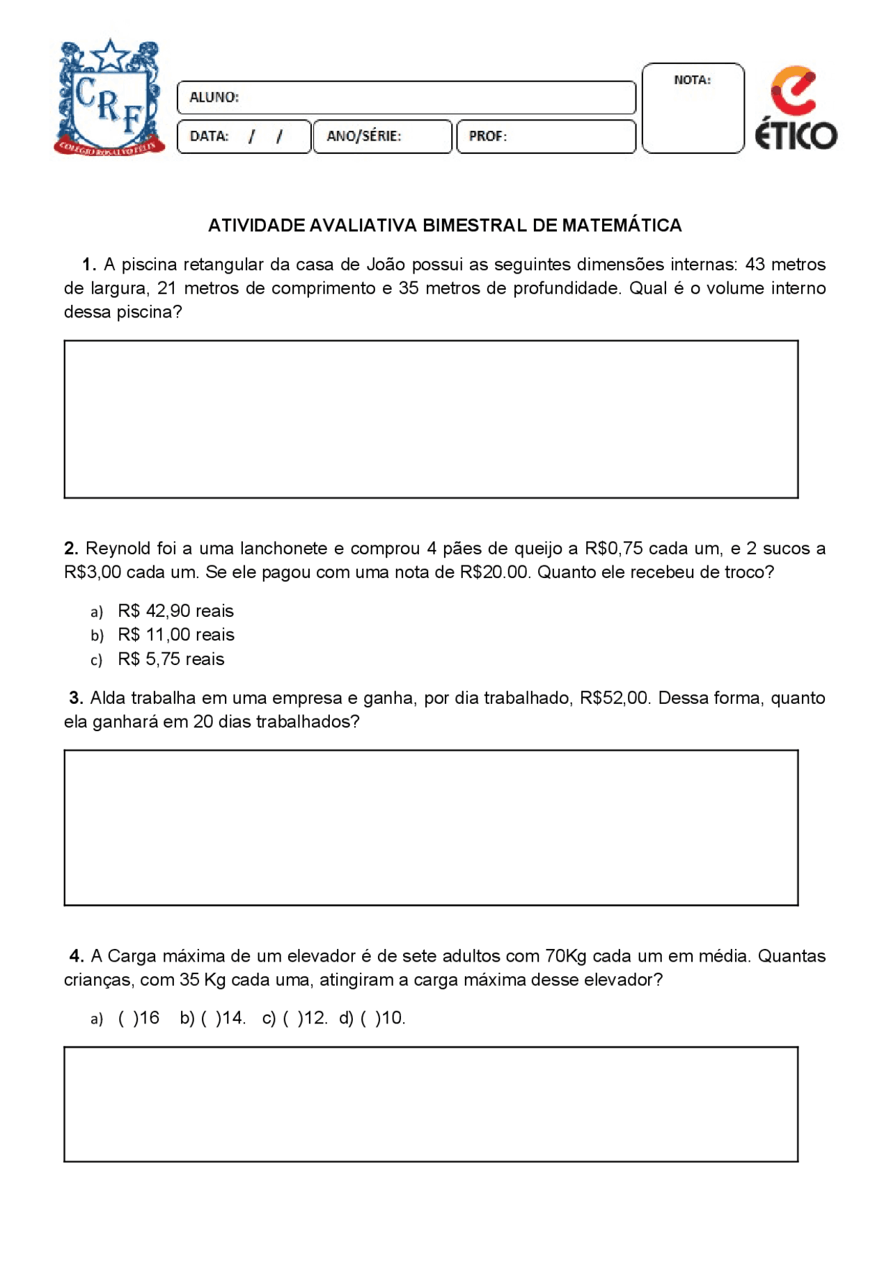 Prova De Matemática 5 Ano Provas Matemática Docsity