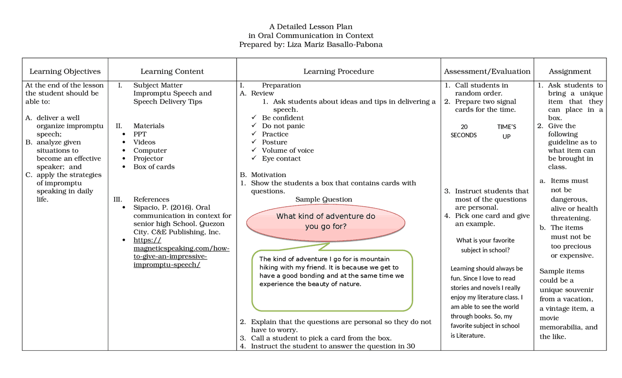 Lesson plan in impromptu speech | Study Guides, Projects, Research ...
