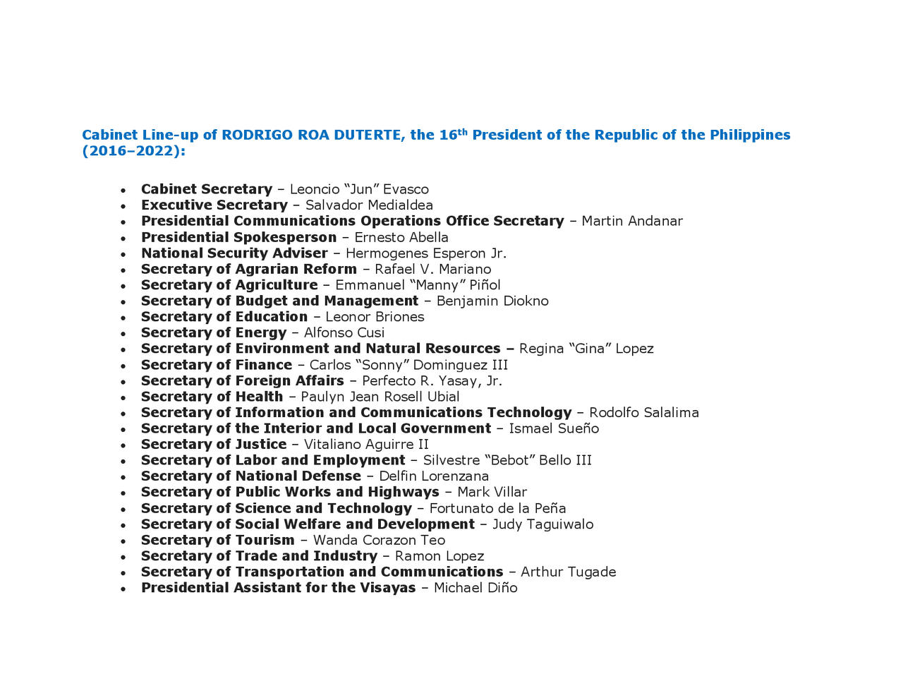 Cabinet Members & Appointees of Rodrigo Duterte, President of the ...