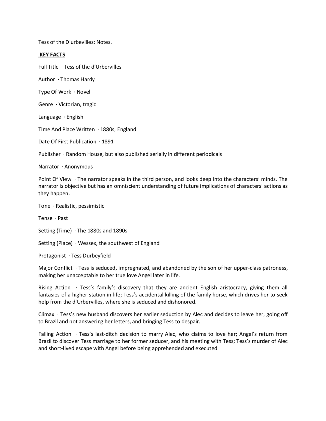 Notes. KEY FACTS Full Title · Tess of the d'Urbervilles Author ...