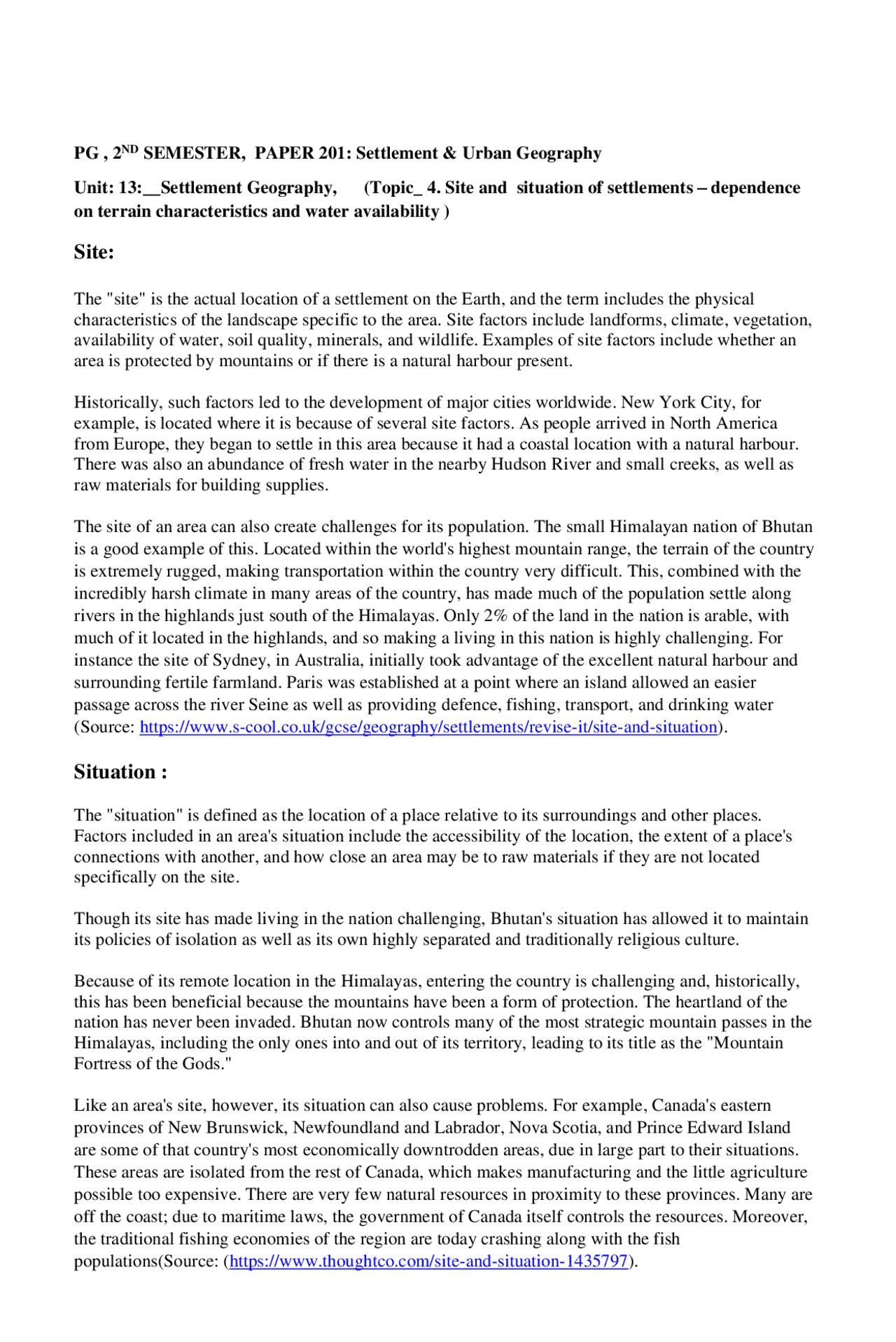 Site and Situation Factors in Settlement Geography | Lecture notes ...