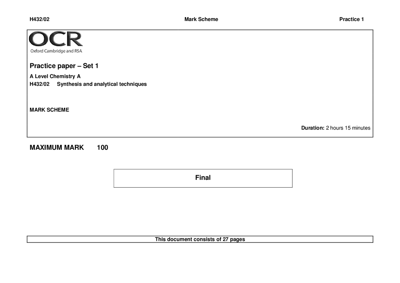 Markscheme- OCR AS Level Chemistry A | Study Guides, Projects, Research Chemistry | Docsity