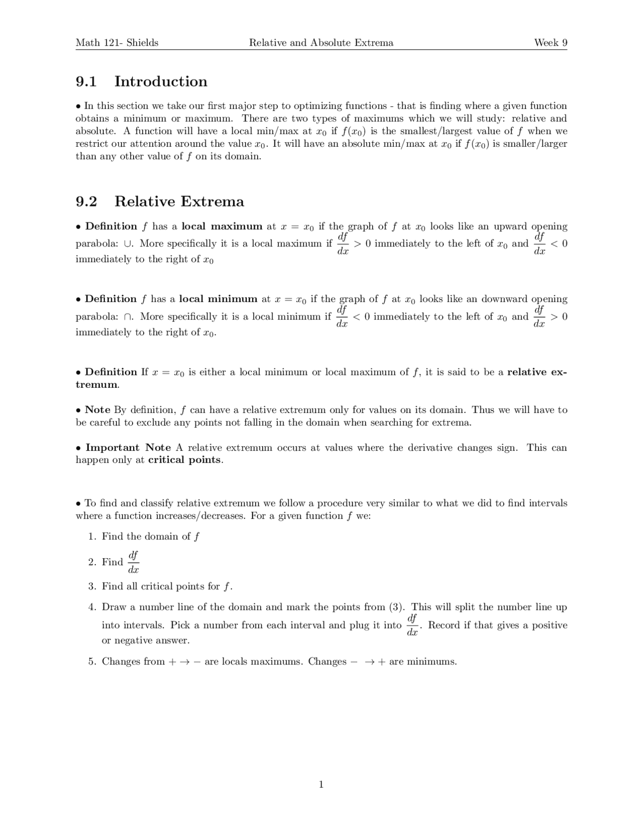 9.1 Introduction 9.2 Relative Extrema | Study notes Calculus | Docsity