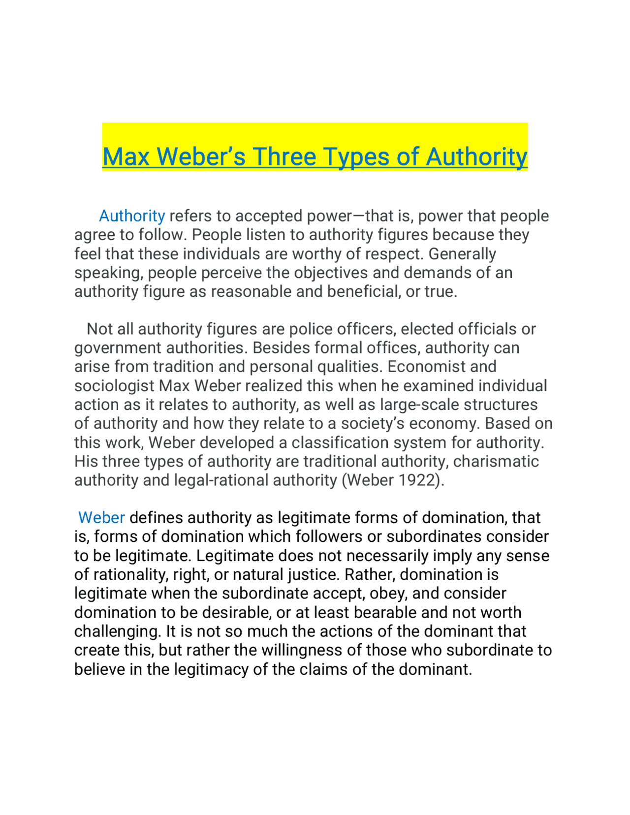 Max Weber's Three Types of Authority | Study notes Sociology | Docsity