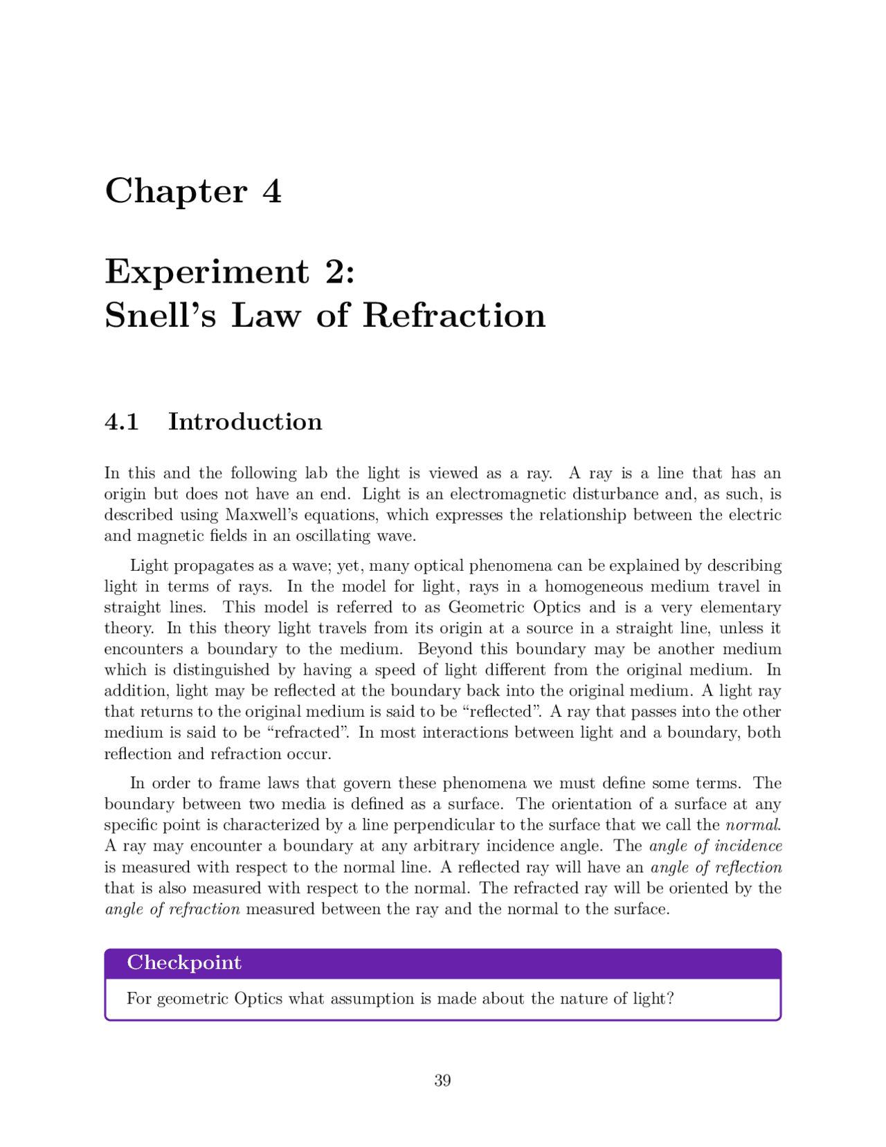 Chapter 4 Experiment 2 Snells Law Of Refraction Lecture Notes Law