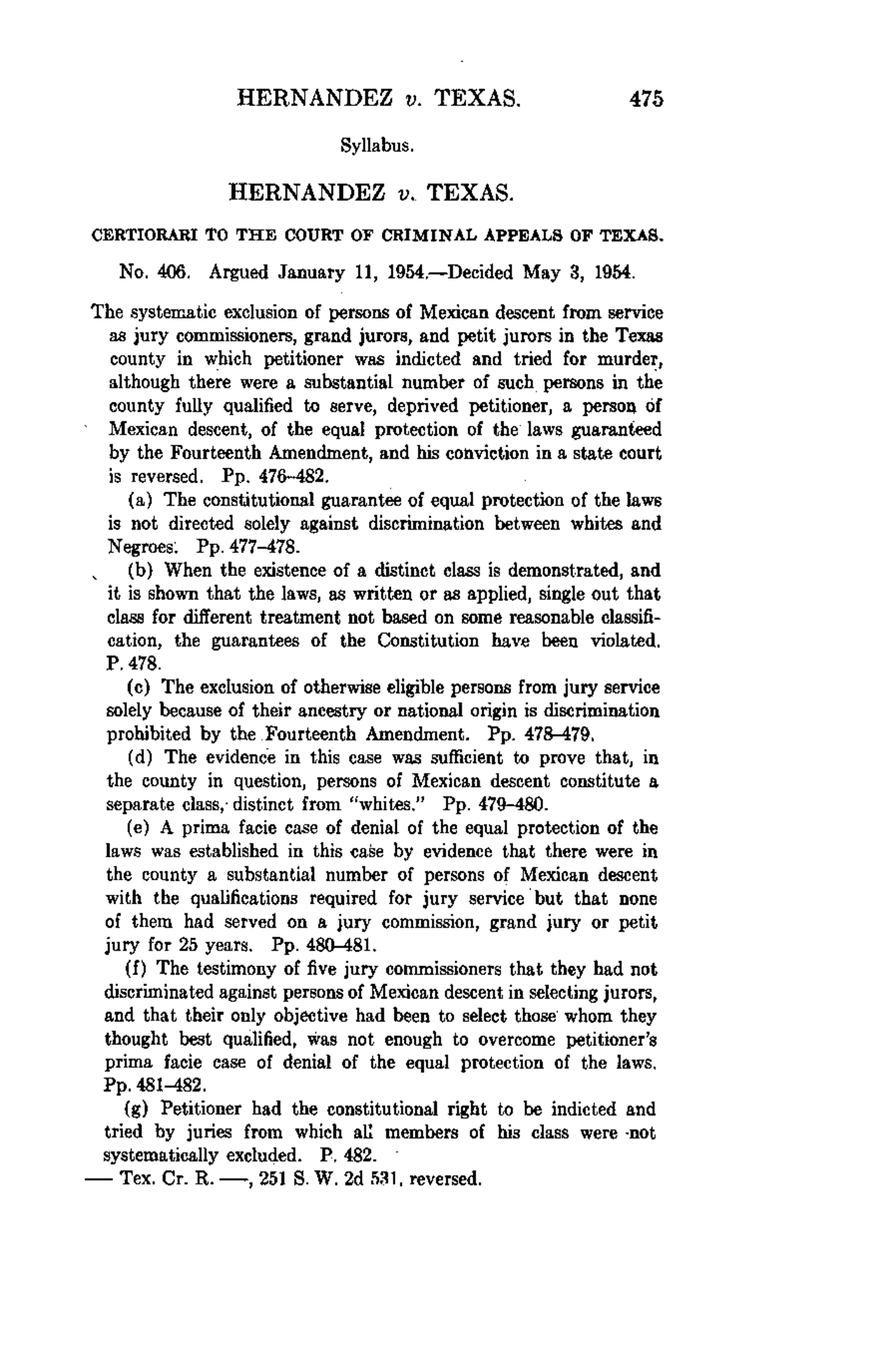 Hernandez V Texas 347 Us 475 1954 Apuntes Latín Docsity