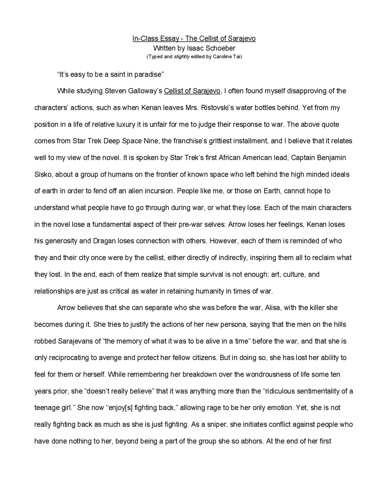 The Cellist of Sarajevo Written by Isaac Schoeber | Lecture notes Music ...