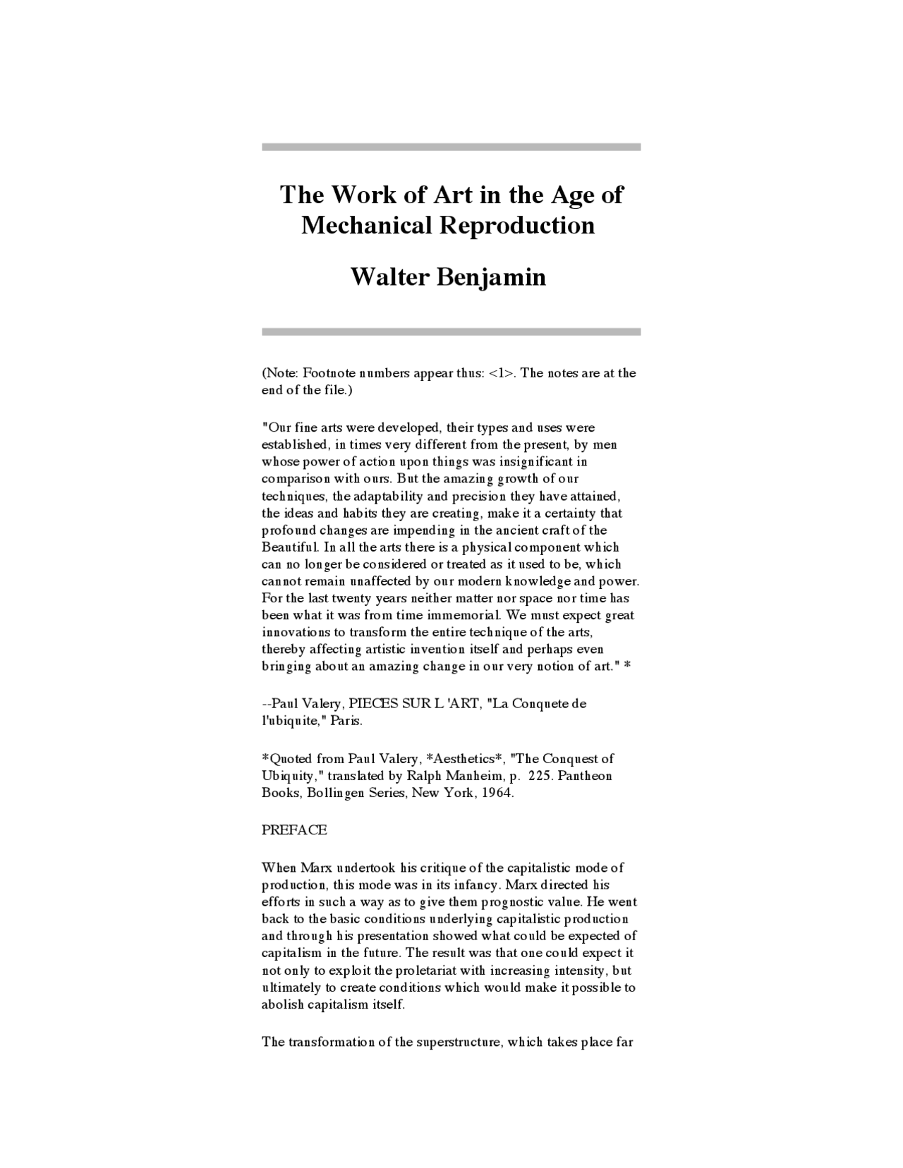 The Work of Art in the Age of Mechanical Reproduction Walter ...