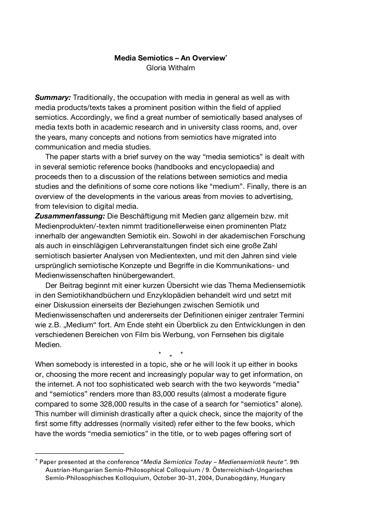 Media Semiotics An Overview Gloria Withalm Summary Exams Semiotics