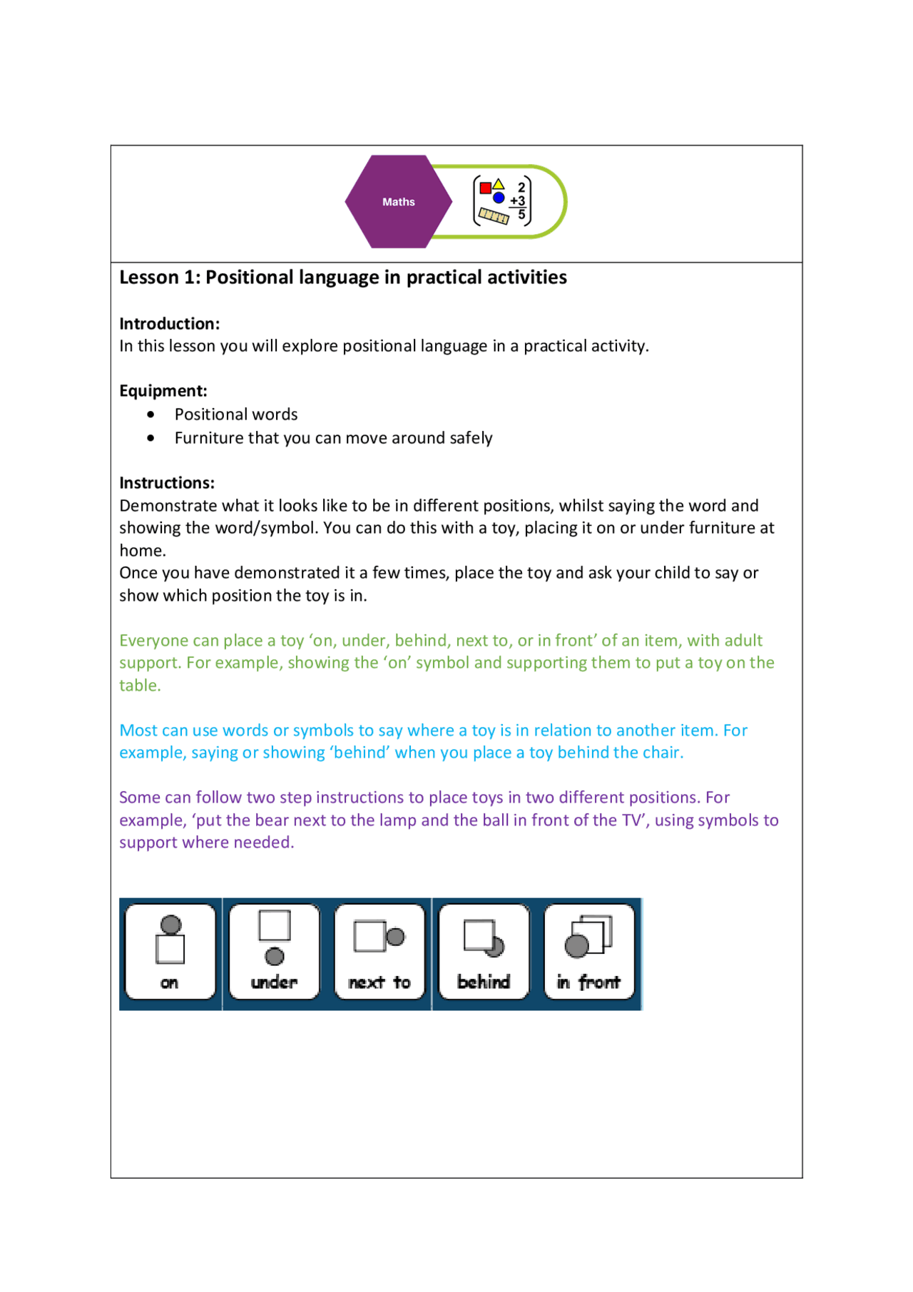 Positional language in practical activities | Exams Childhood ...