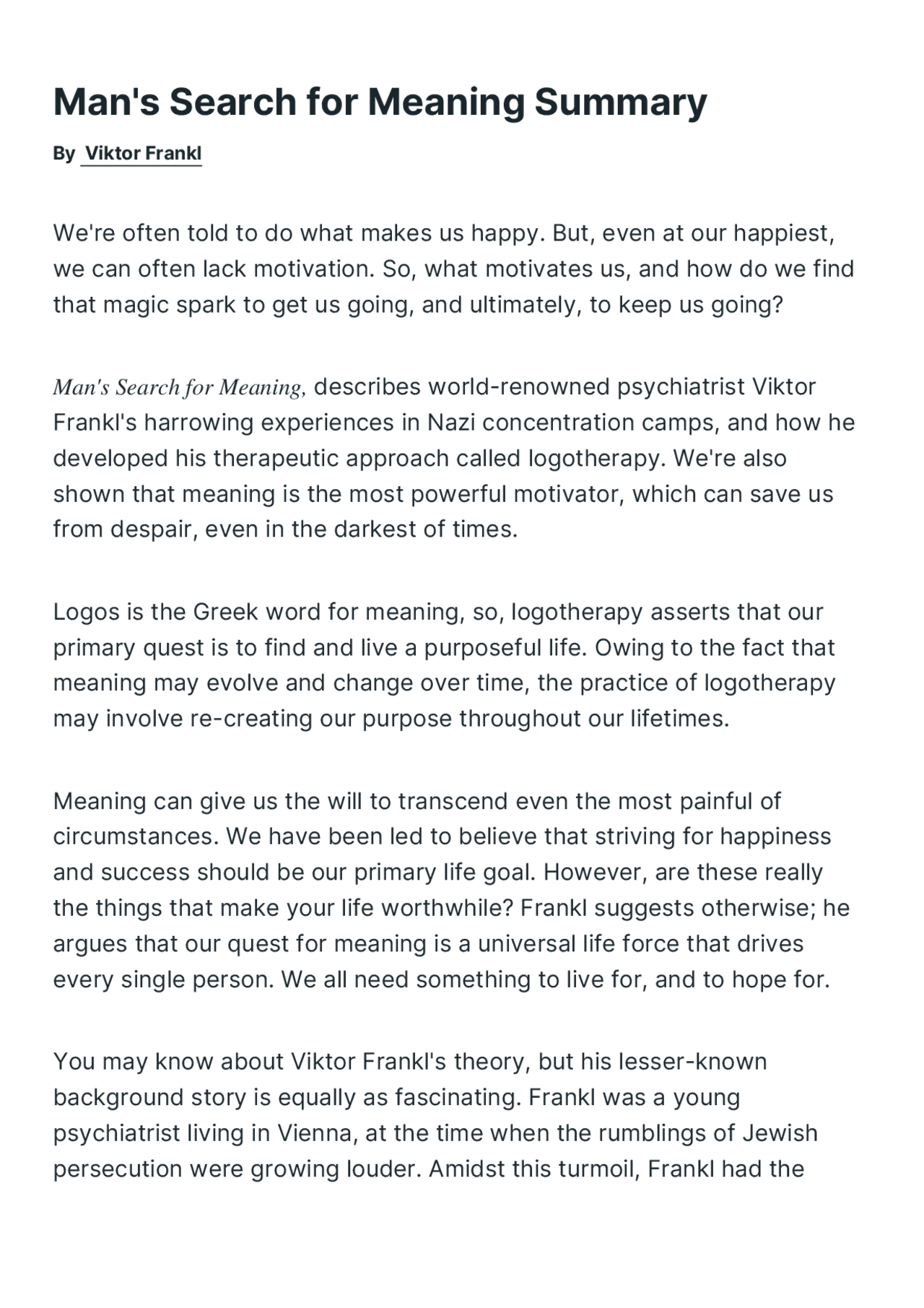 Man's Search for Meaning Summary | Exercises Technical English | Docsity