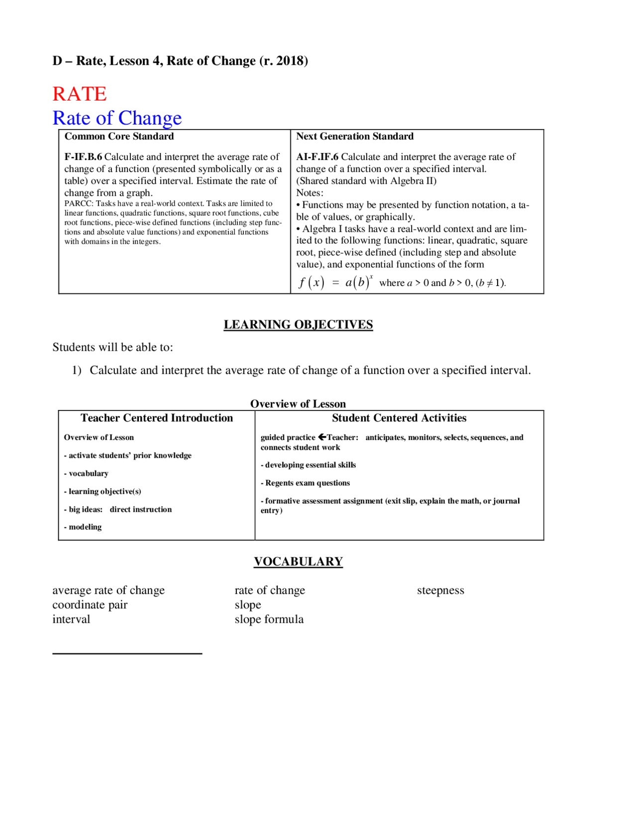 RATE Rate of Change | Lecture notes Algebra | Docsity