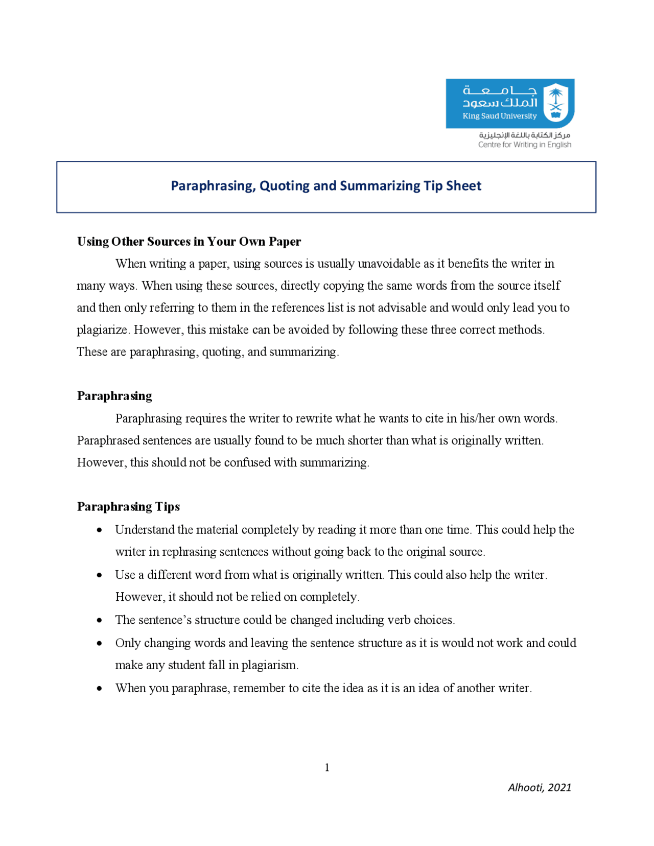 Paraphrasing, Quoting and Summarizing Tip Sheet | Study Guides ...