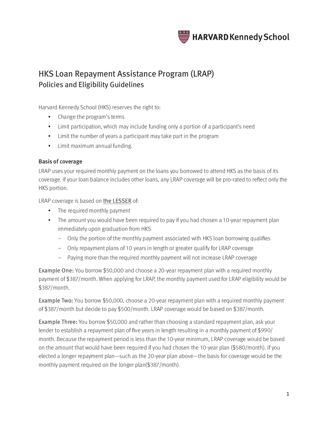 HKS Loan Repayment Assistance Program (LRAP) | Study notes Art | Docsity