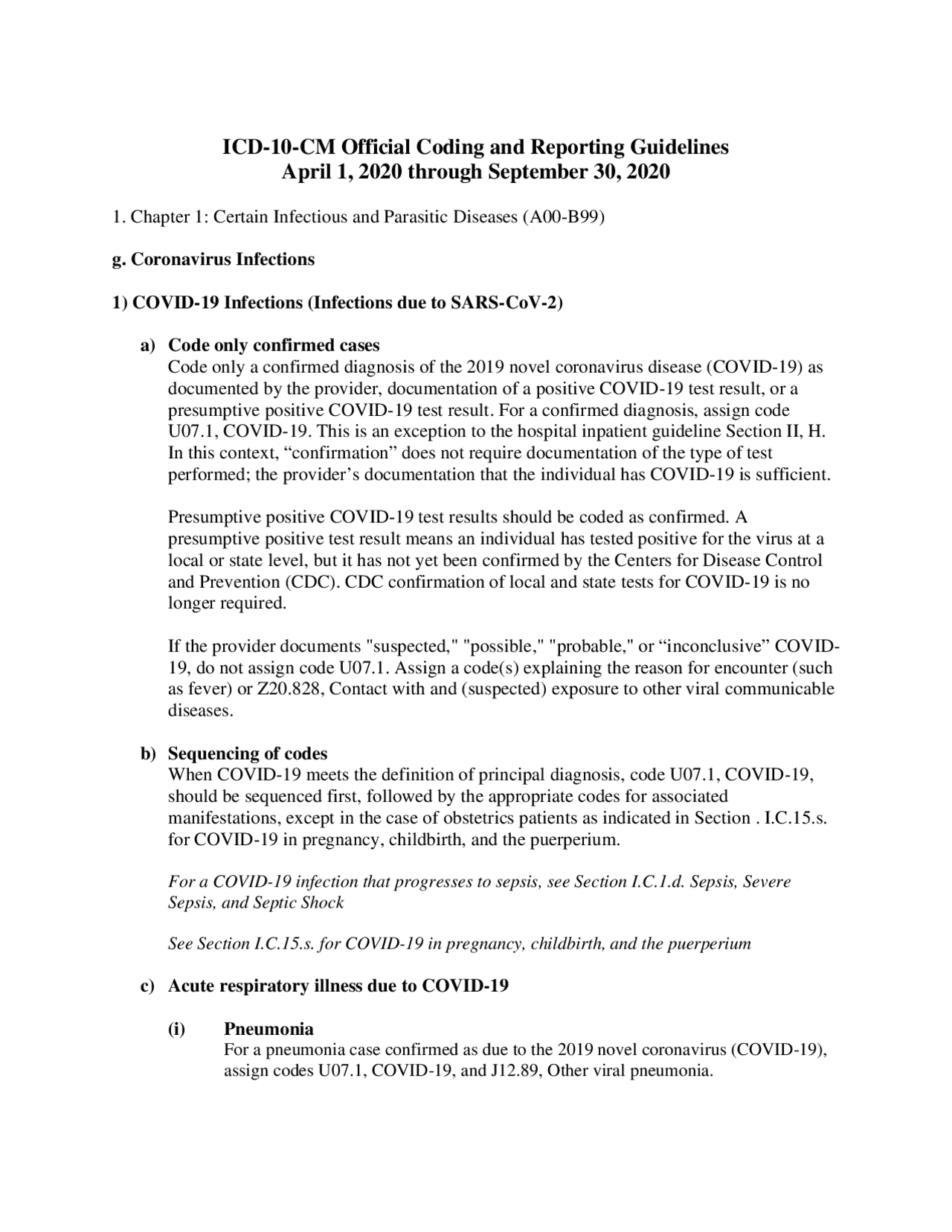 ICD-10-CM Guidelines for COVID-19 Infections: Apr 1 - Sep 30, 2020 ...