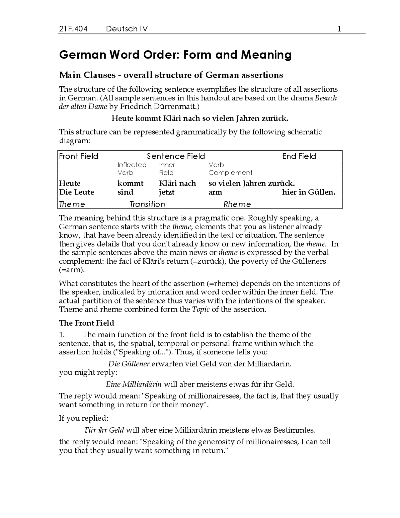 German Word Order: Form and Meaning | Study notes German | Docsity