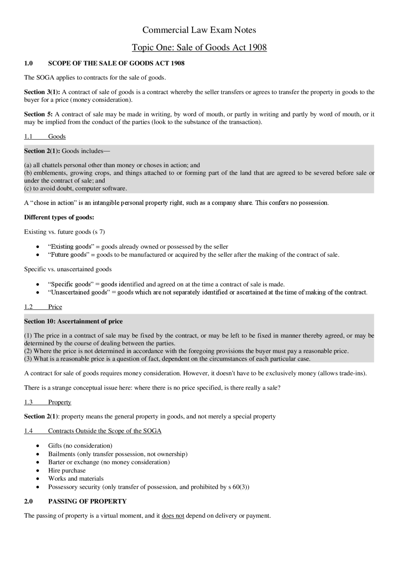 Commercial Law Exam Notes Topic One: Sale of Goods ... | Slides ...