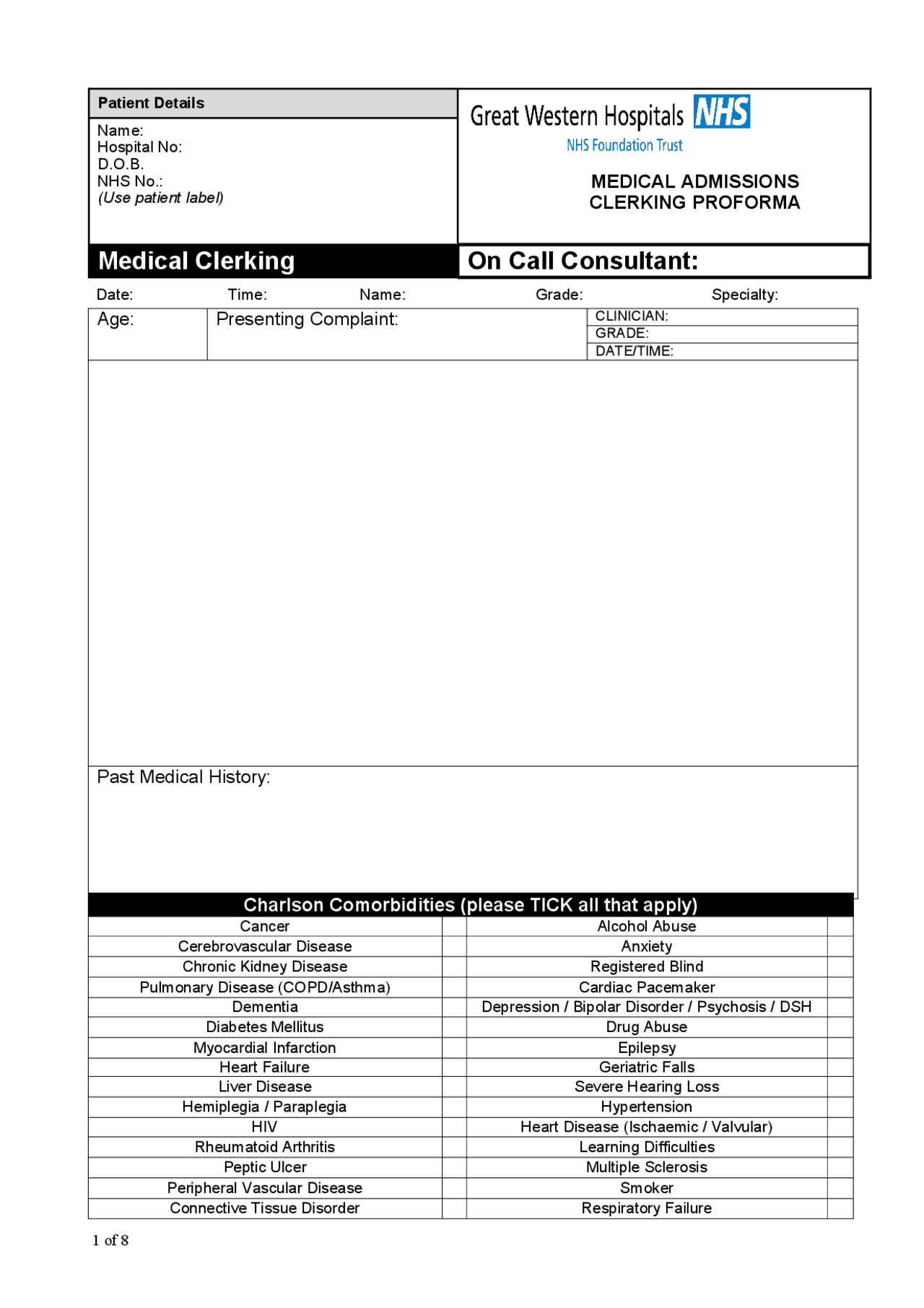 Medical Admissions Clerking Proforma | Study notes History | Docsity