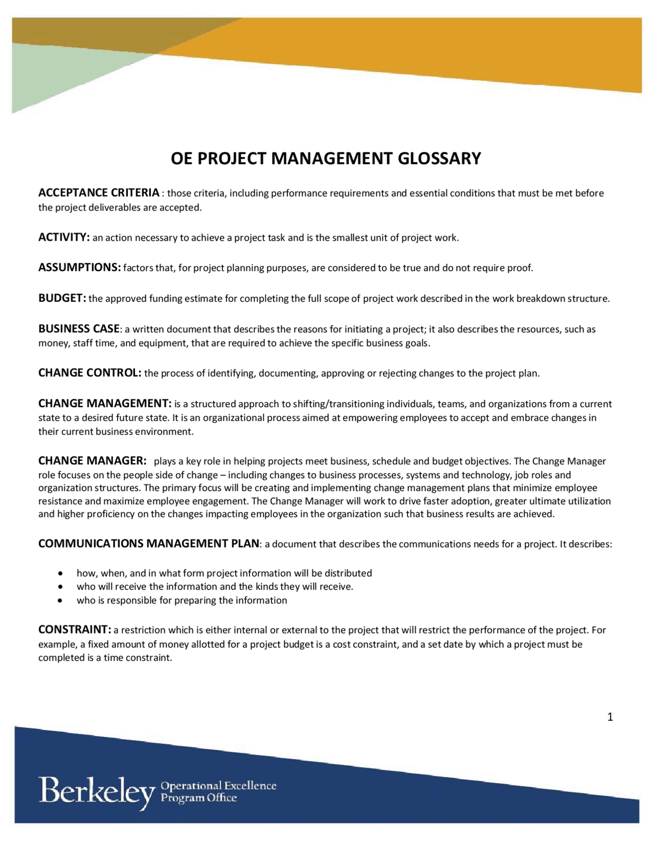 Oe Project Management Glossary Exercises Project Management Docsity