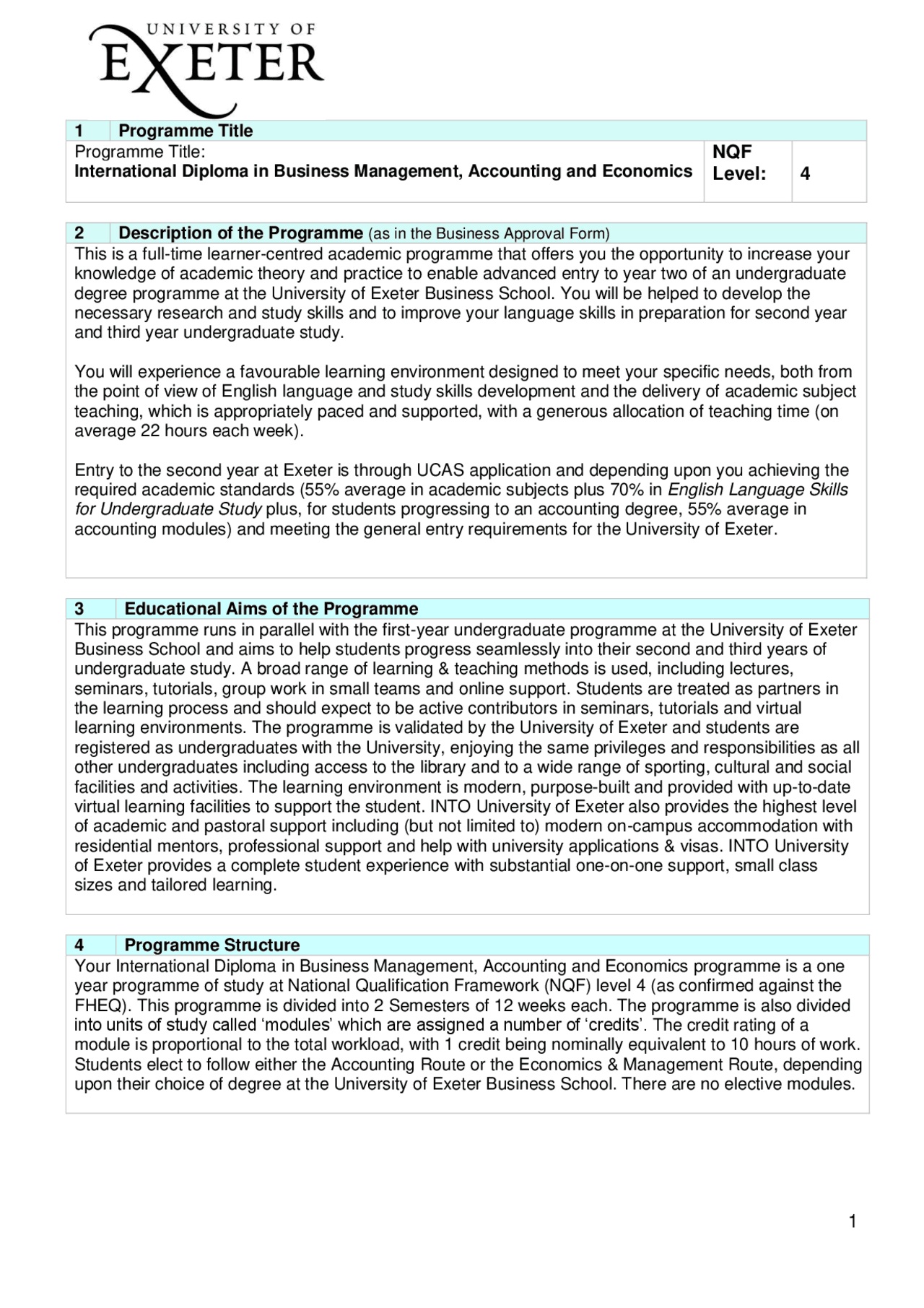 Programme Specification Template Lecture Notes Business Docsity