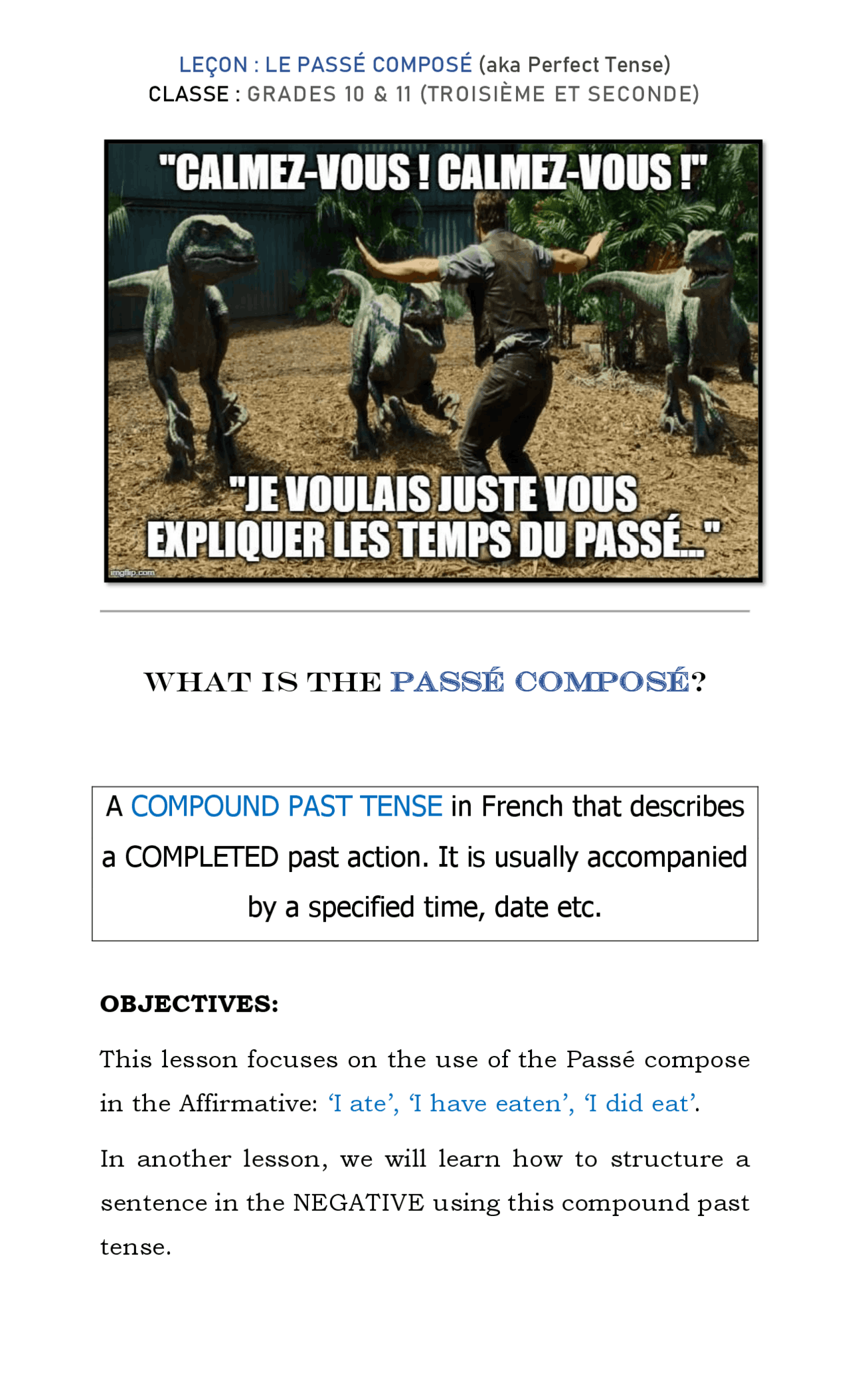 LEÇON : LE PASSÉ COMPOSÉ (aka Perfect Tense) | Exams French | Docsity