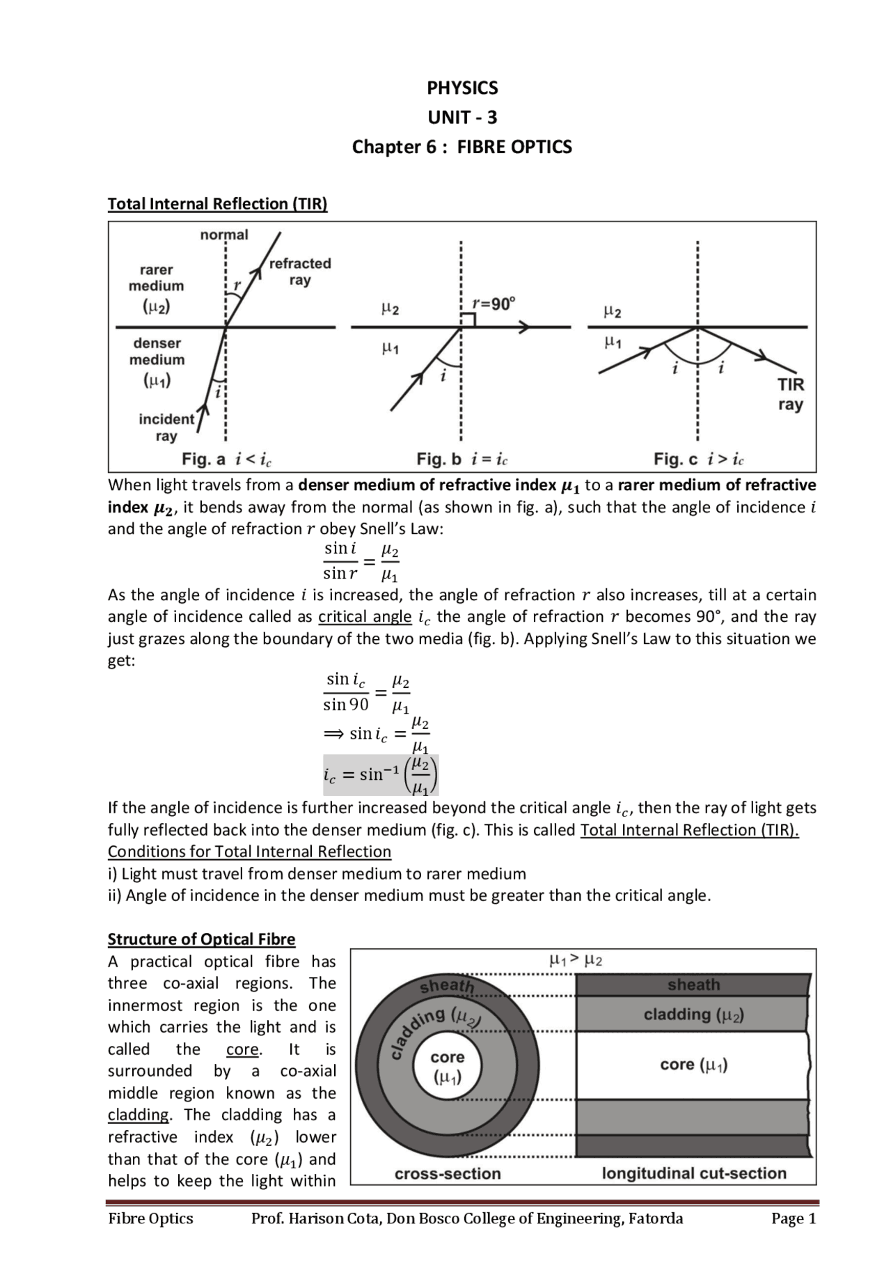 Physics Unit 3 Chapter 6 Fibre Optics Lecture Notes Physics Docsity
