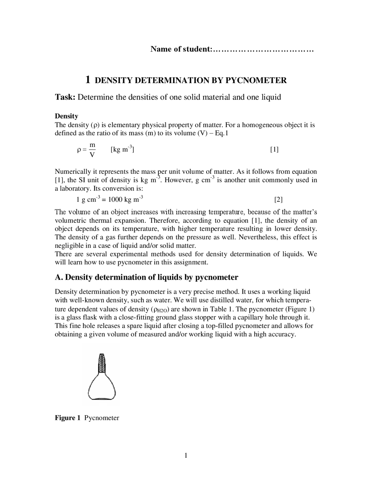 1 density determination by pycnometer | Exercises Chemistry | Docsity
