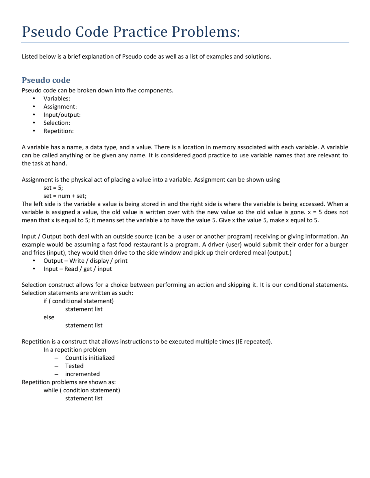 Pseudo Code Practice Problems: | Study notes Computer science | Docsity