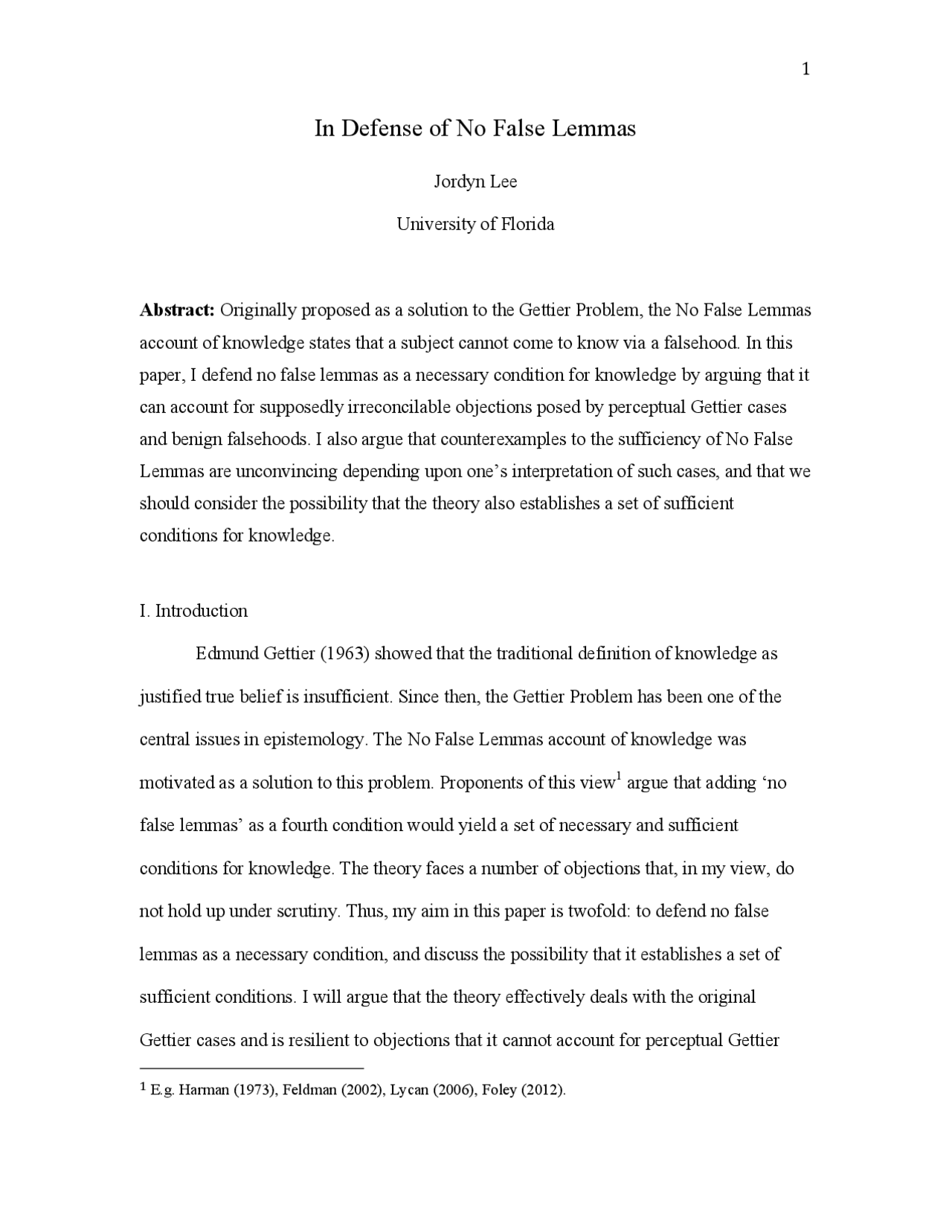 In Defense of No False Lemmas | Study notes Epistemology | Docsity