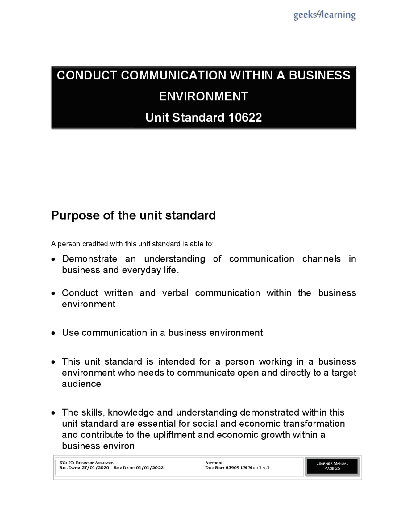 Purpose of the unit standard CONDUCT COMMUNICATION ... | Exercises ...
