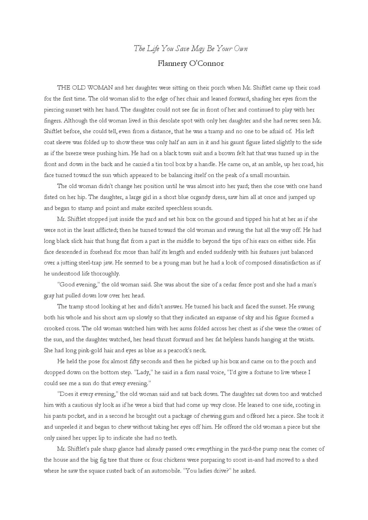 Interactions in 'The Life You Save May Be Your Own' by Flannery O ...