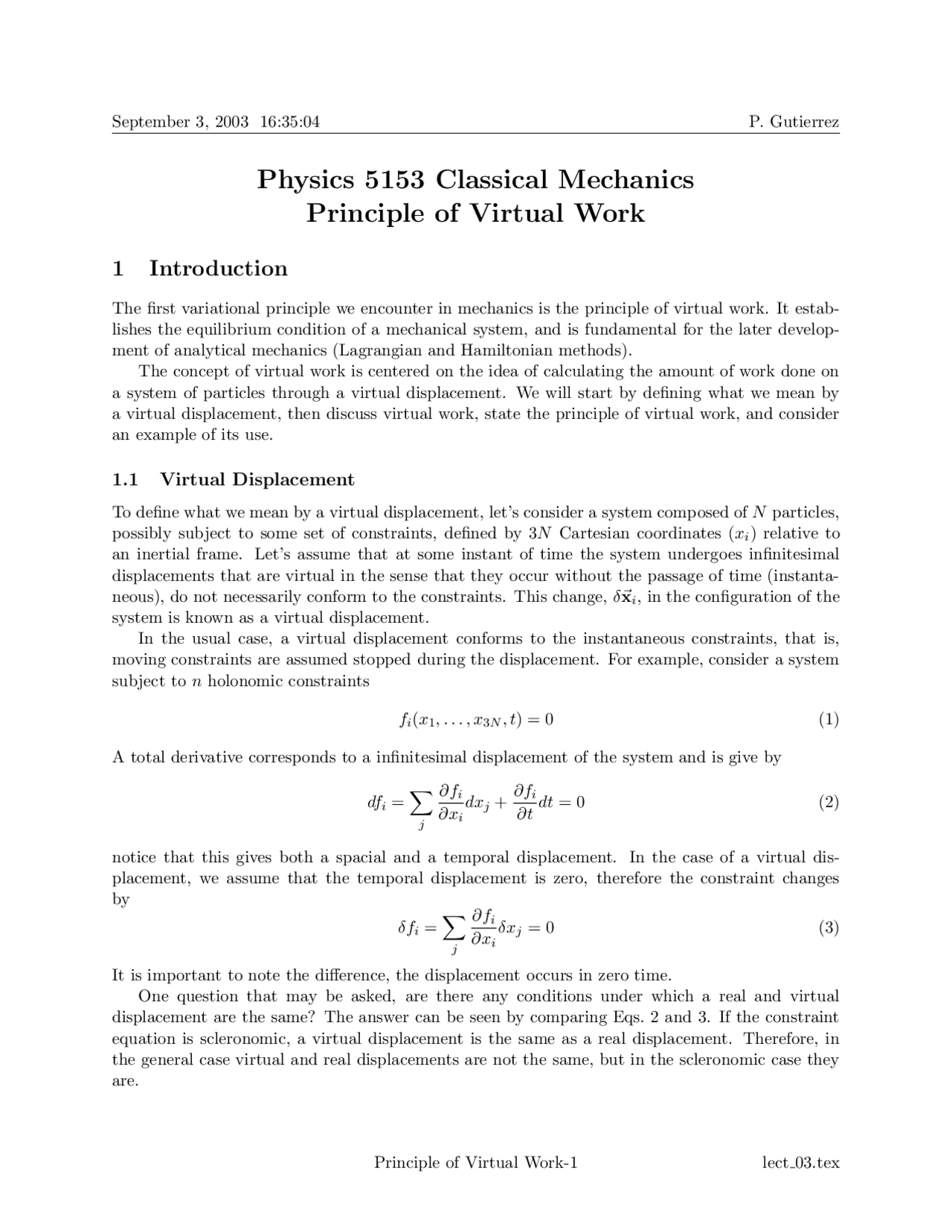 Physics 5153 Classical Mechanics Principle of Virtual Work | Study ...