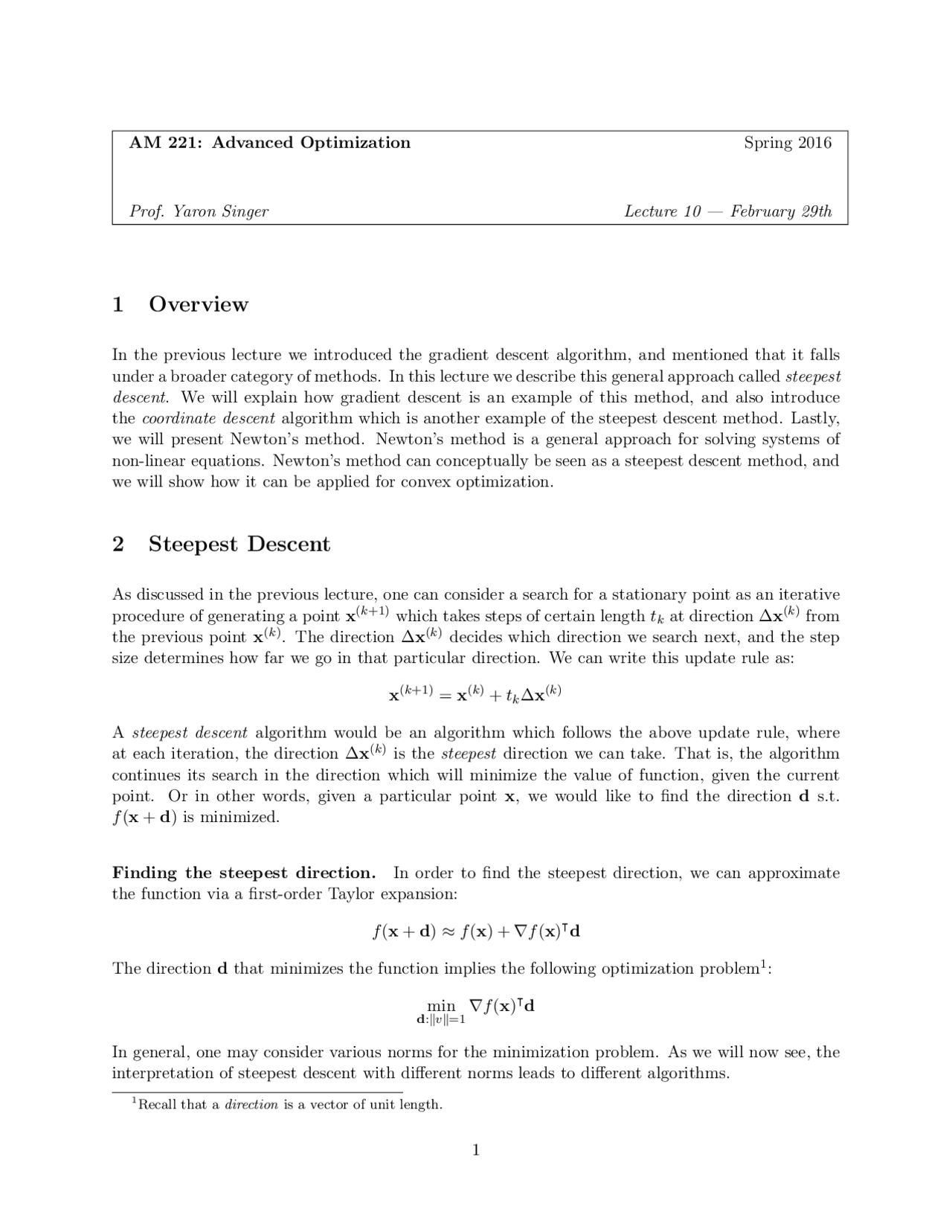 1 Overview 2 Steepest Descent Lecture Notes Convex Optimization Docsity