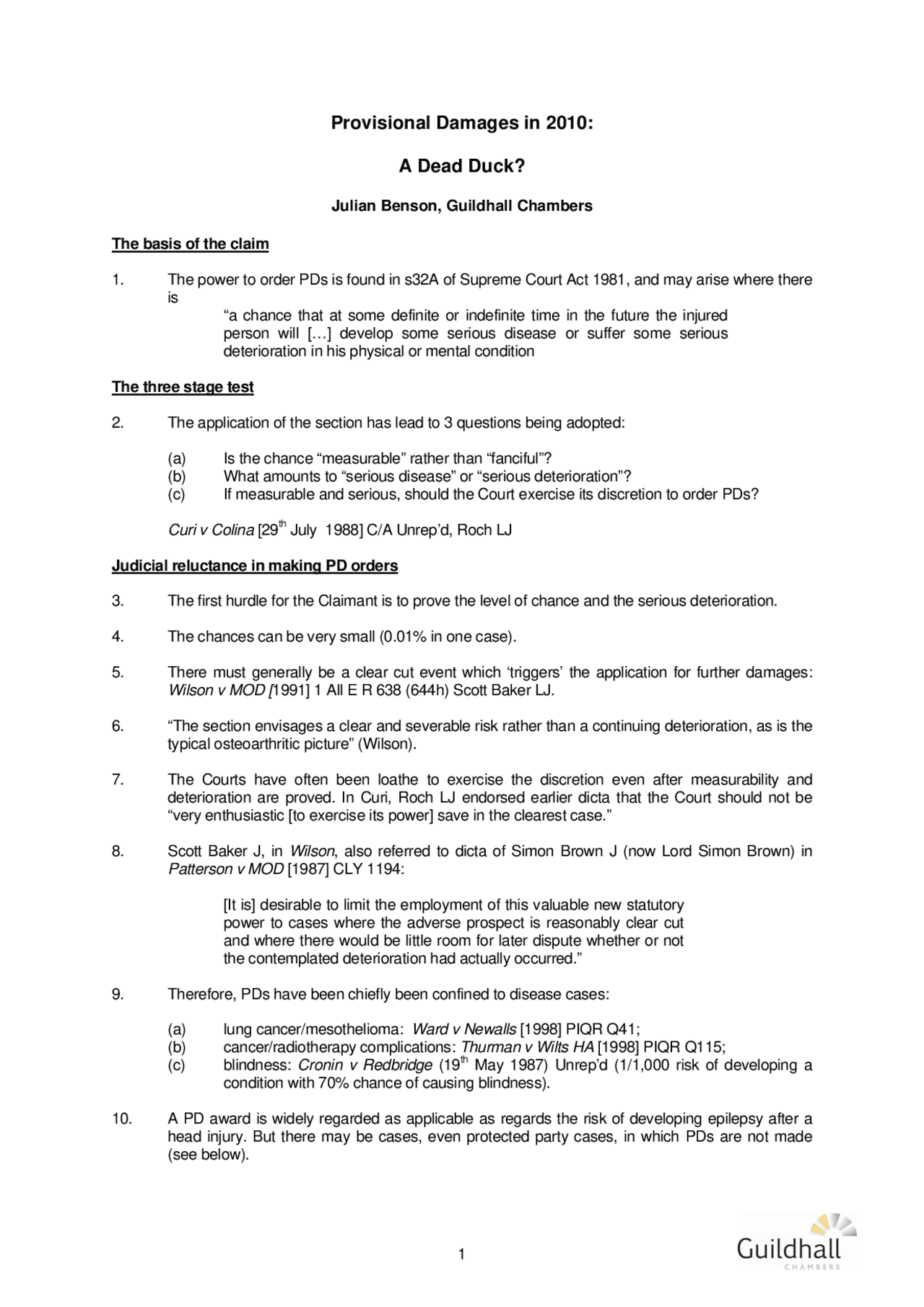 Provisional Damages in 2010: A Dead Duck? | Exams Radiotherapy | Docsity