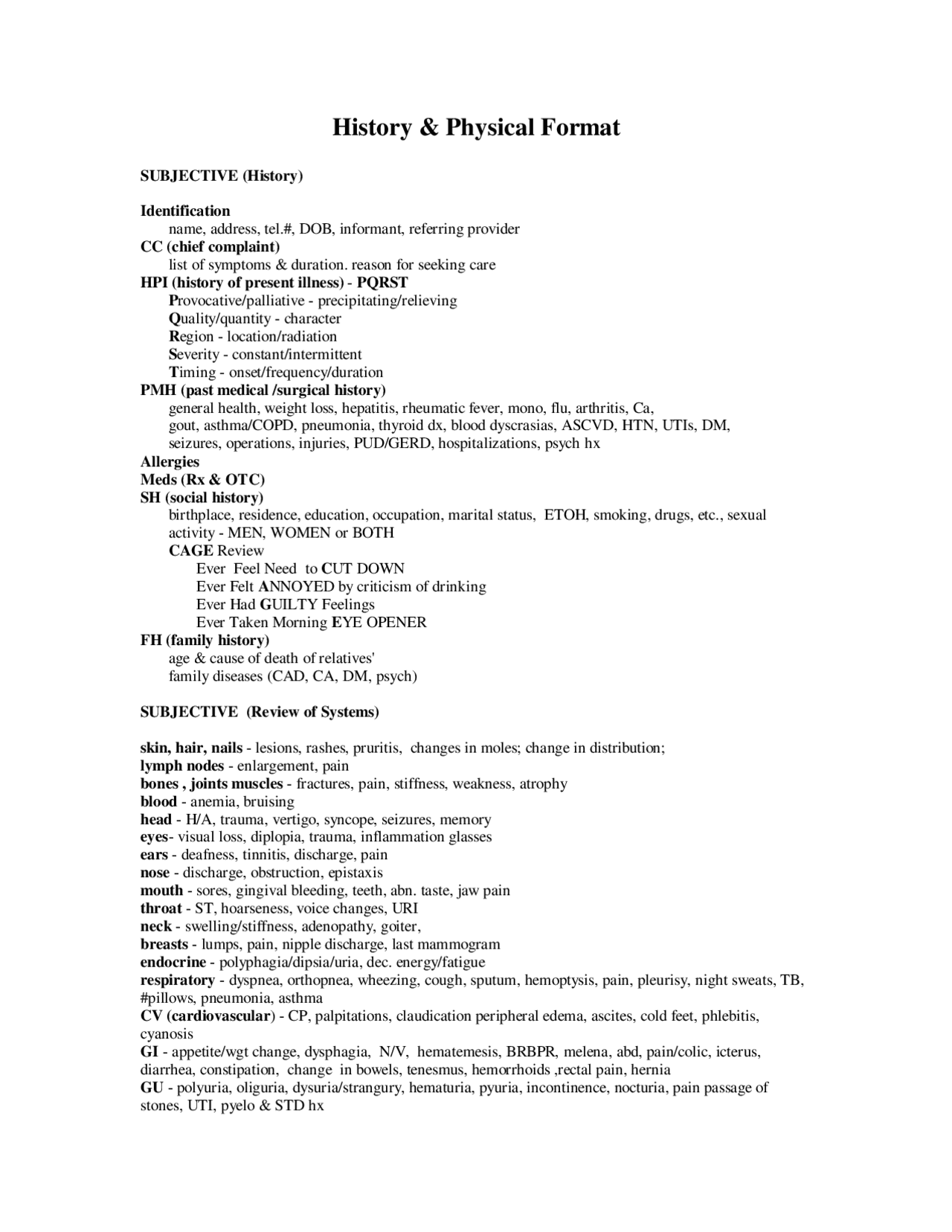 History And Physical Format Lecture Notes History Docsity