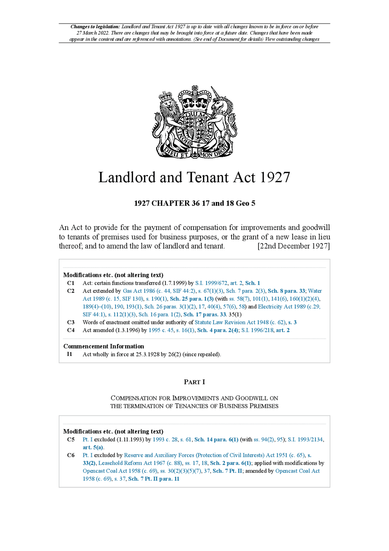 Landlord and Tenant Act 1927 | Exams Law | Docsity
