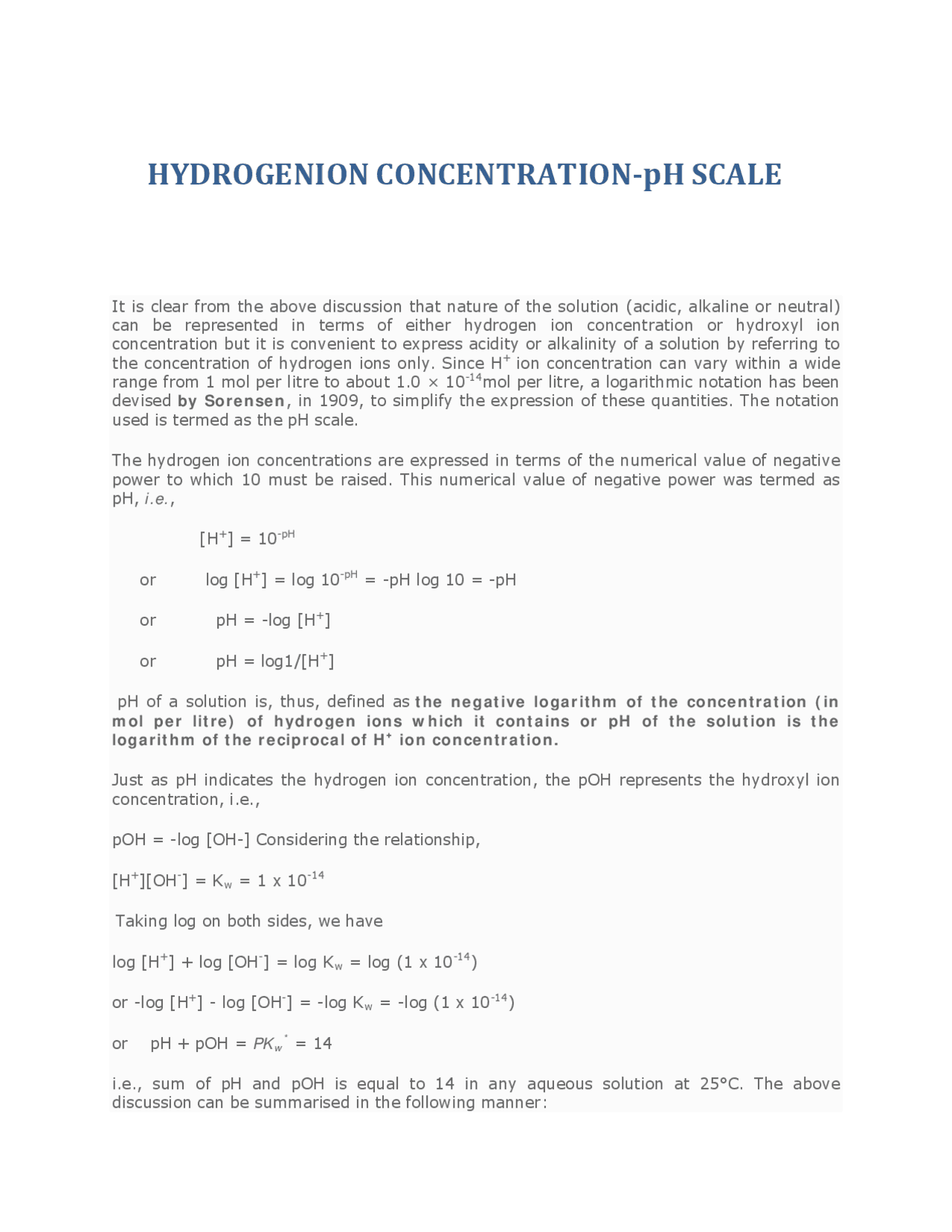 HYDROGENION CONCENTRATION-pH SCALE | Exercises Chemistry | Docsity