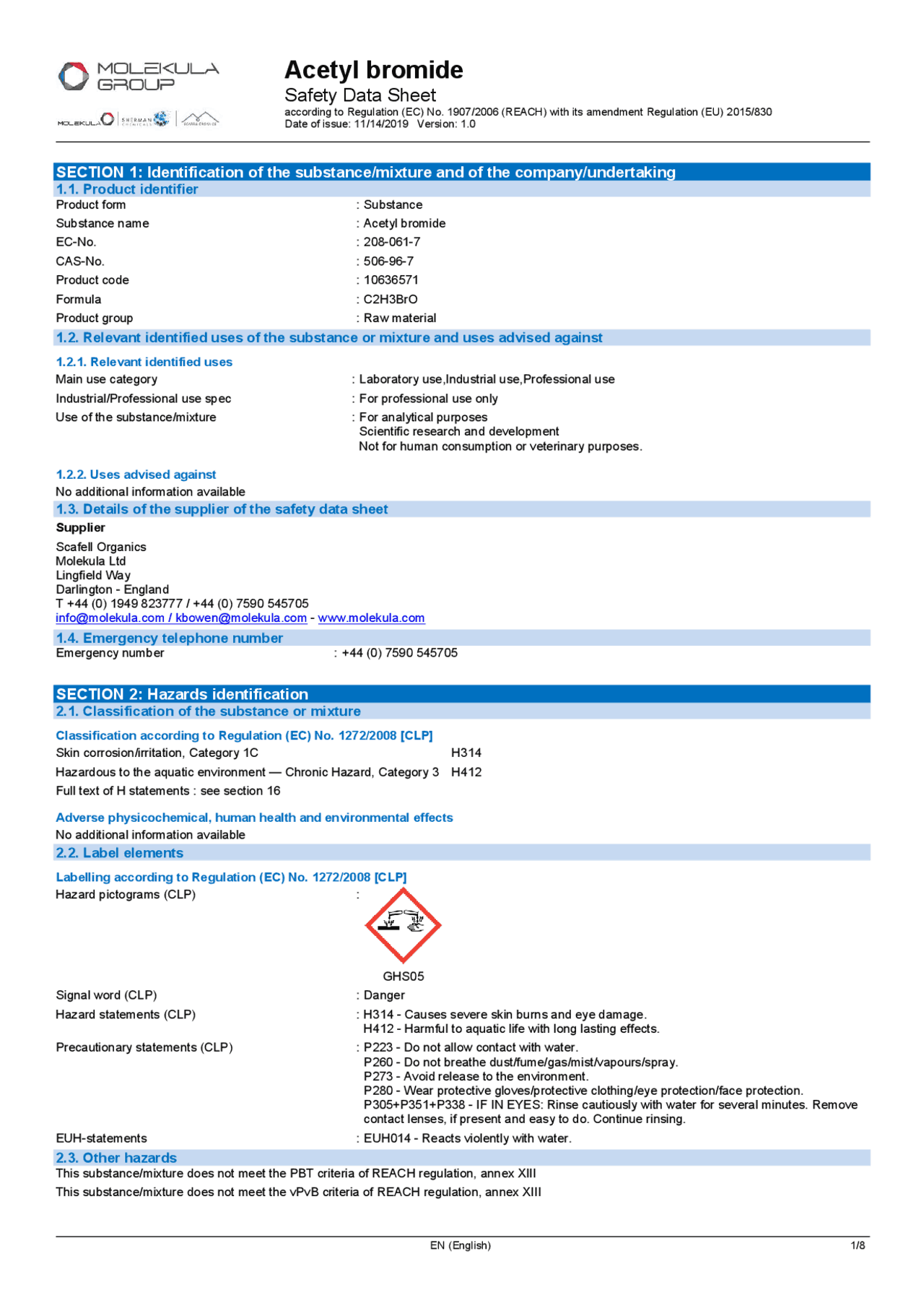 Safety Data Sheet for Acetyl Bromide: Uses, Classification, and ...