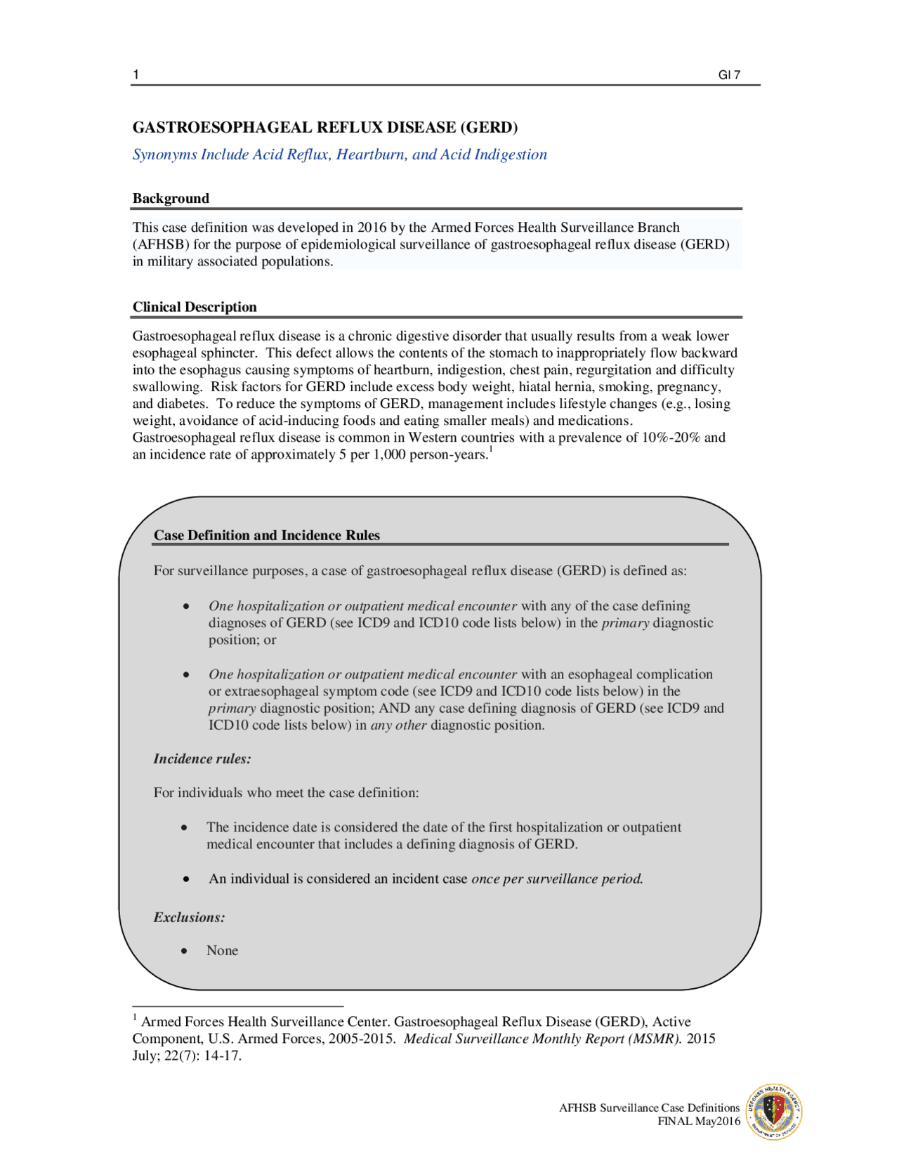 AFHSB Surveillance Case Definitions for Gastroesophageal Reflux Disease ...